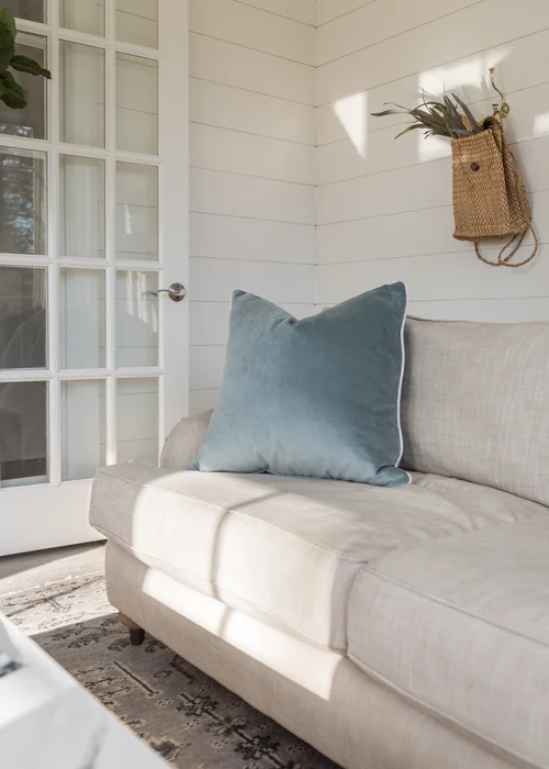 Tranquil Blue Sunroom with Woven Textures & Natural Light — Sarah Coe ...
