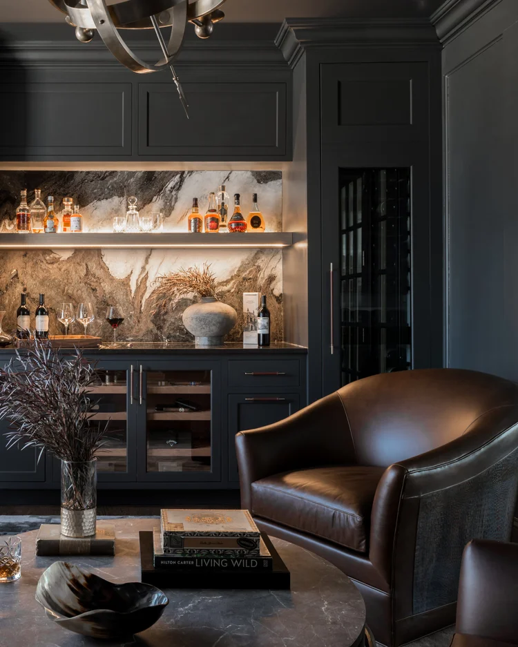 Moody Home Bar with Marble Backsplash & Humidor — Sarah Coe Design ...