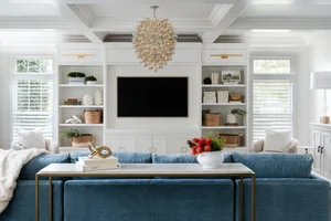 Coastal Living Room with Bold Blue Accents — Sarah Coe Design - Full ...