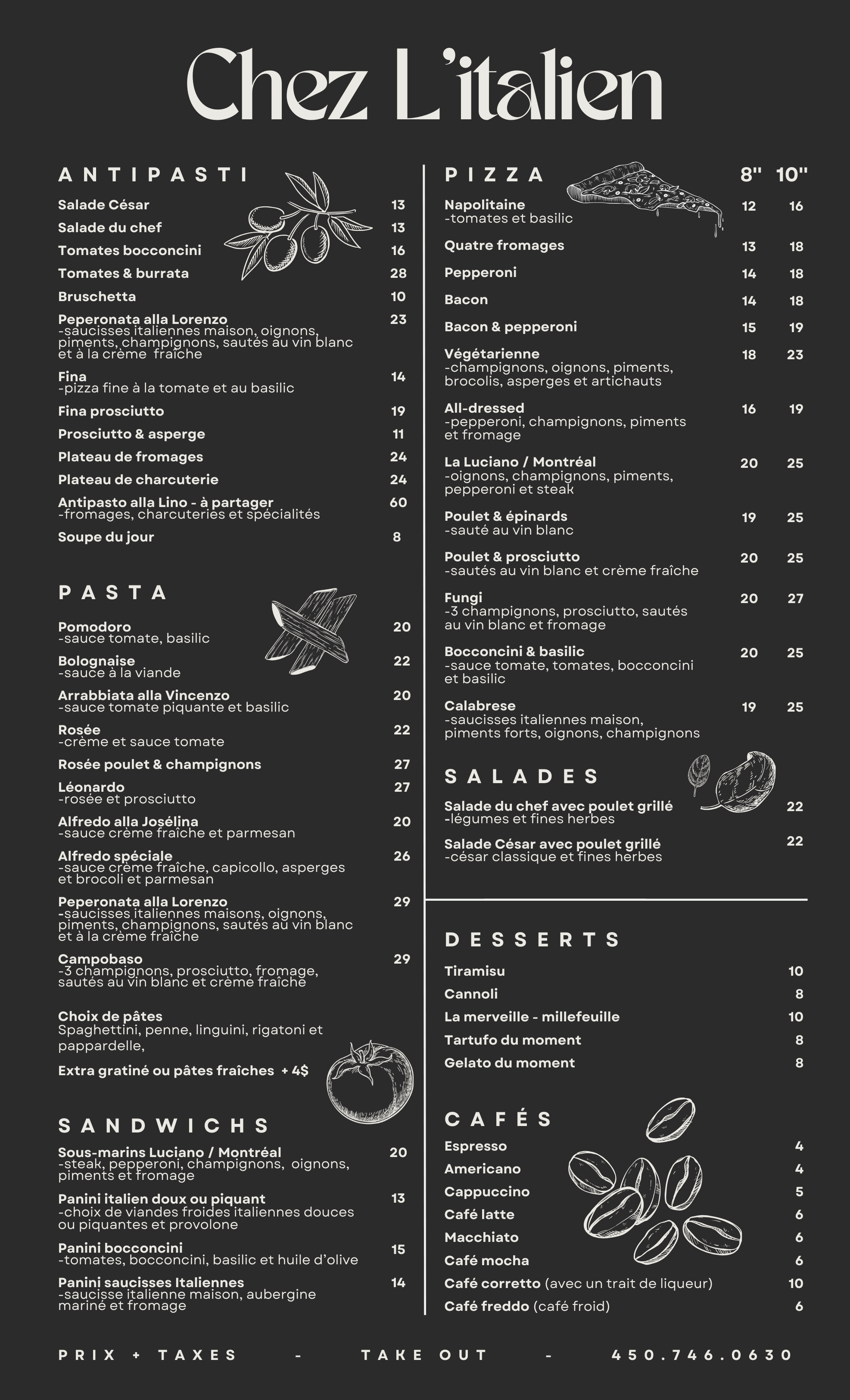 Menu en salle de Chez L'italien situé à Sorel-Tracy — Chez l'italien