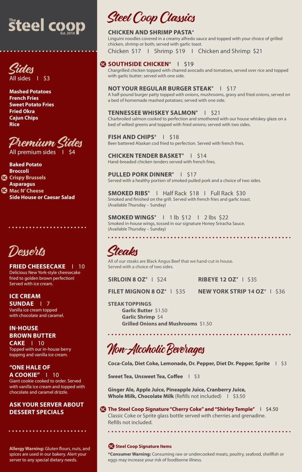 Menu - The Steel Coop — Est. 2018