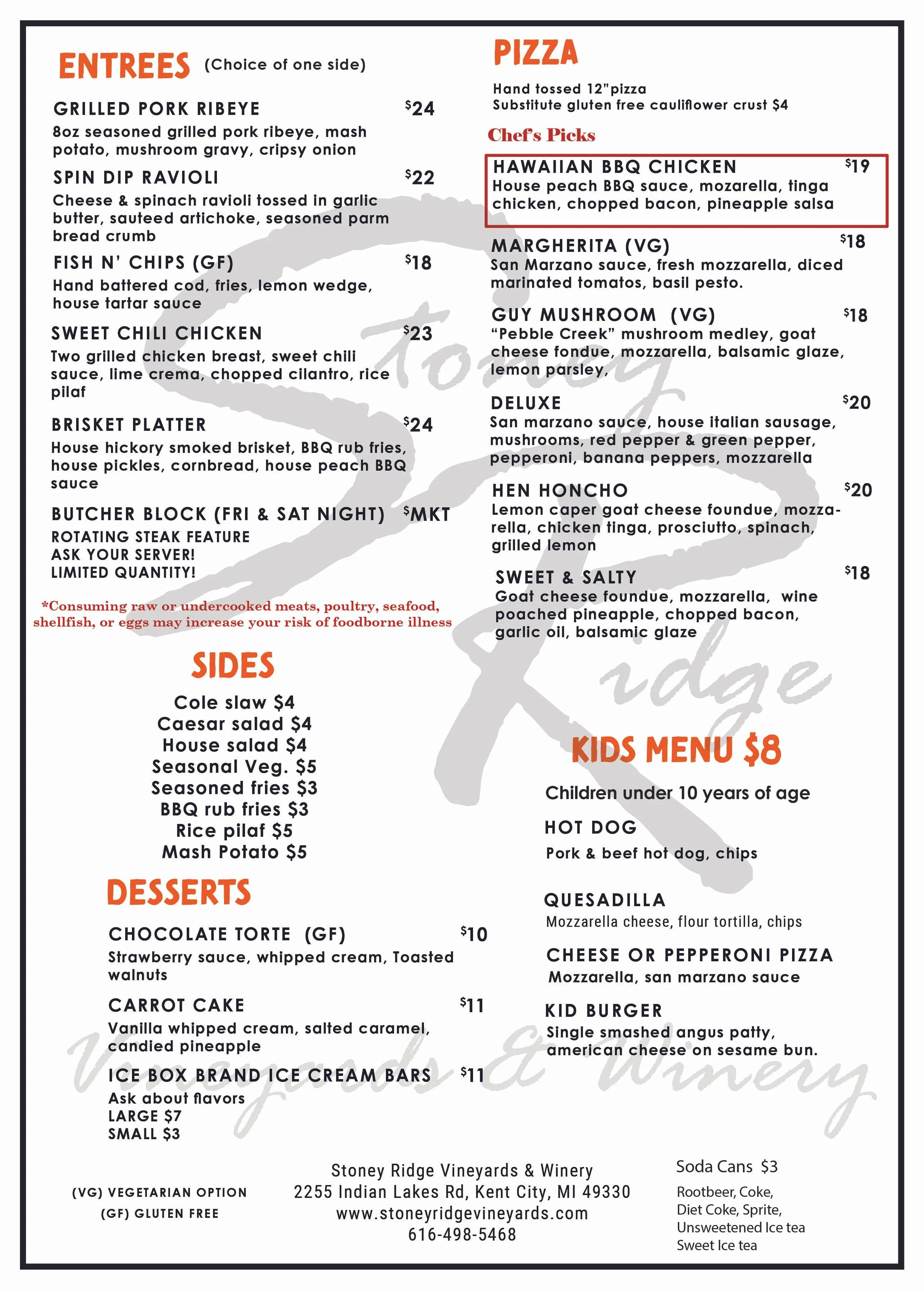 Kent City Food Menu — Stoney Ridge Vineyards