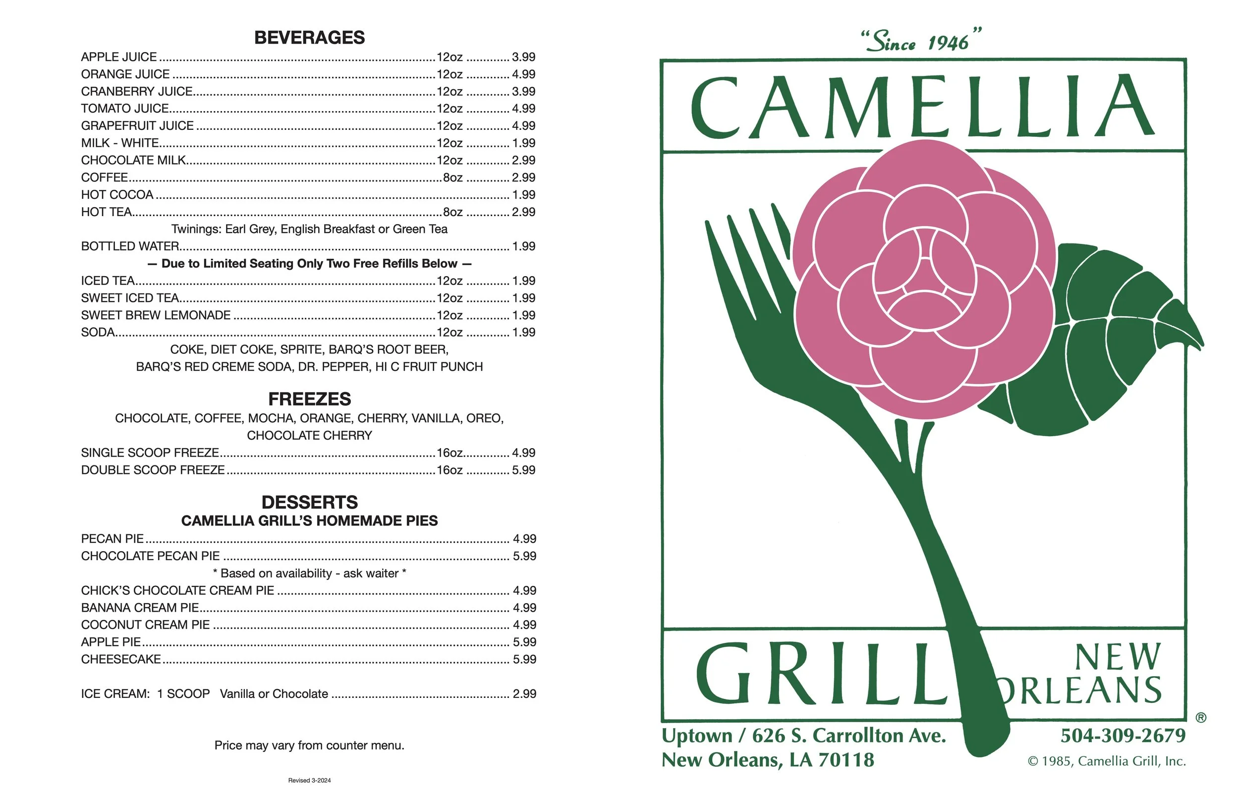 Menu — The Camellia Grill