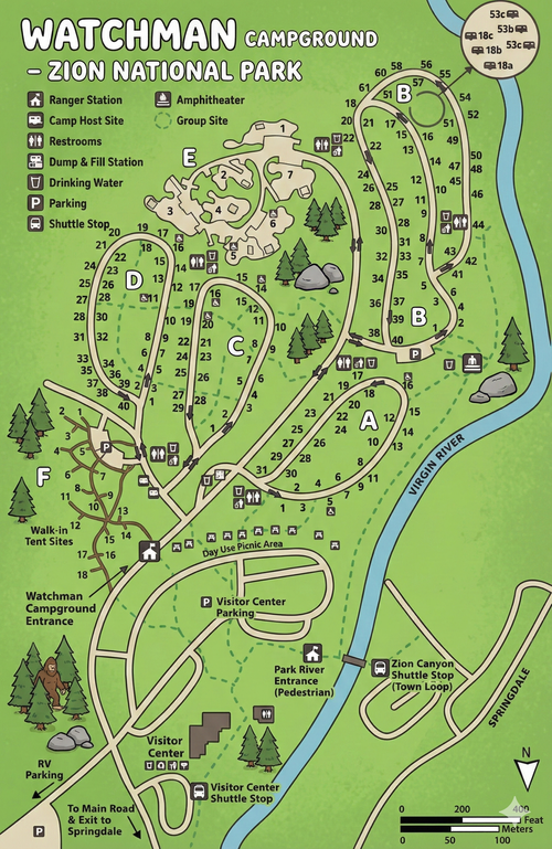 Watchman Campground Map – Zion NP Loops, Trails & Shuttle — CampChimp ...
