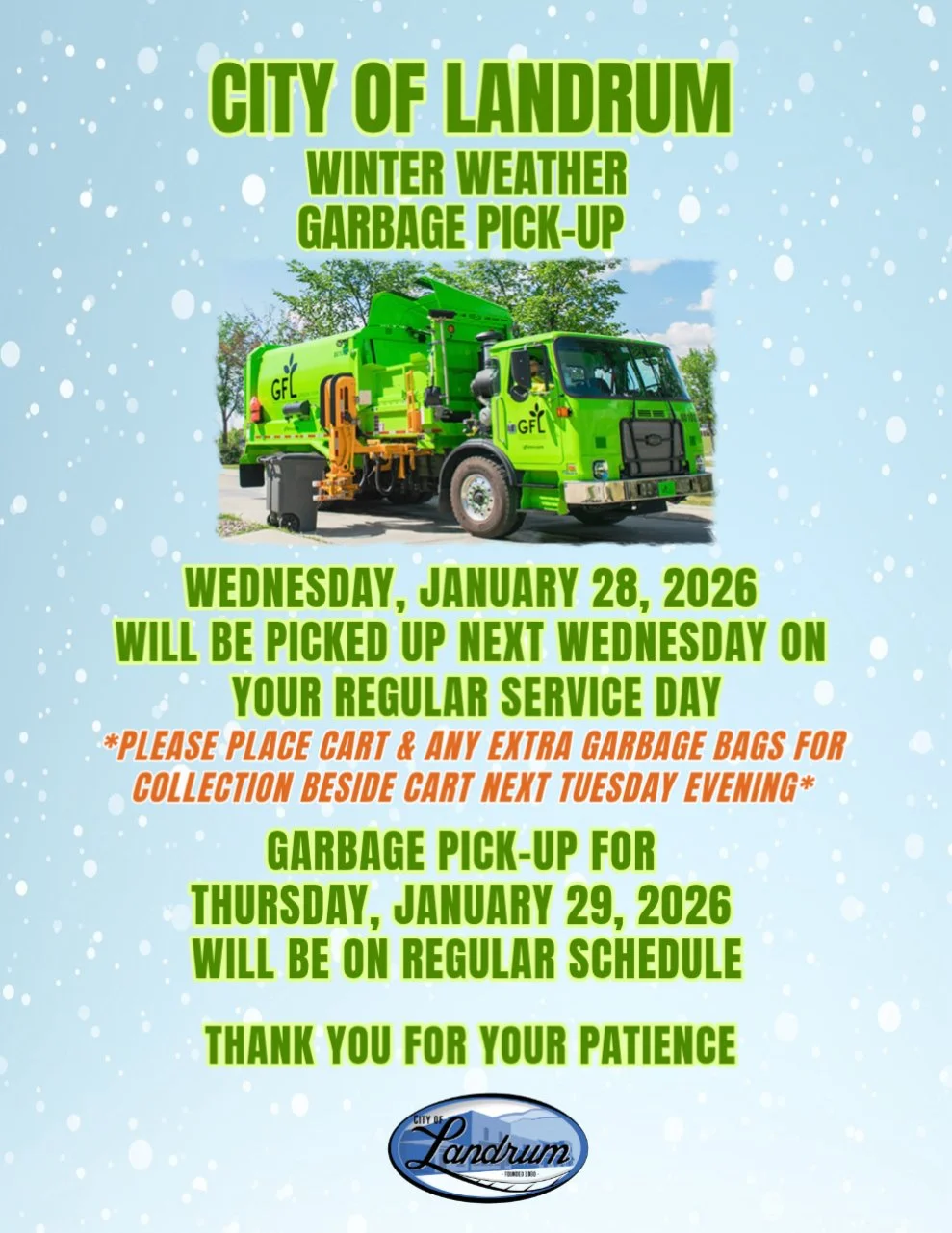 GARBAGE PICK-UP DELAYED — City of Landrum