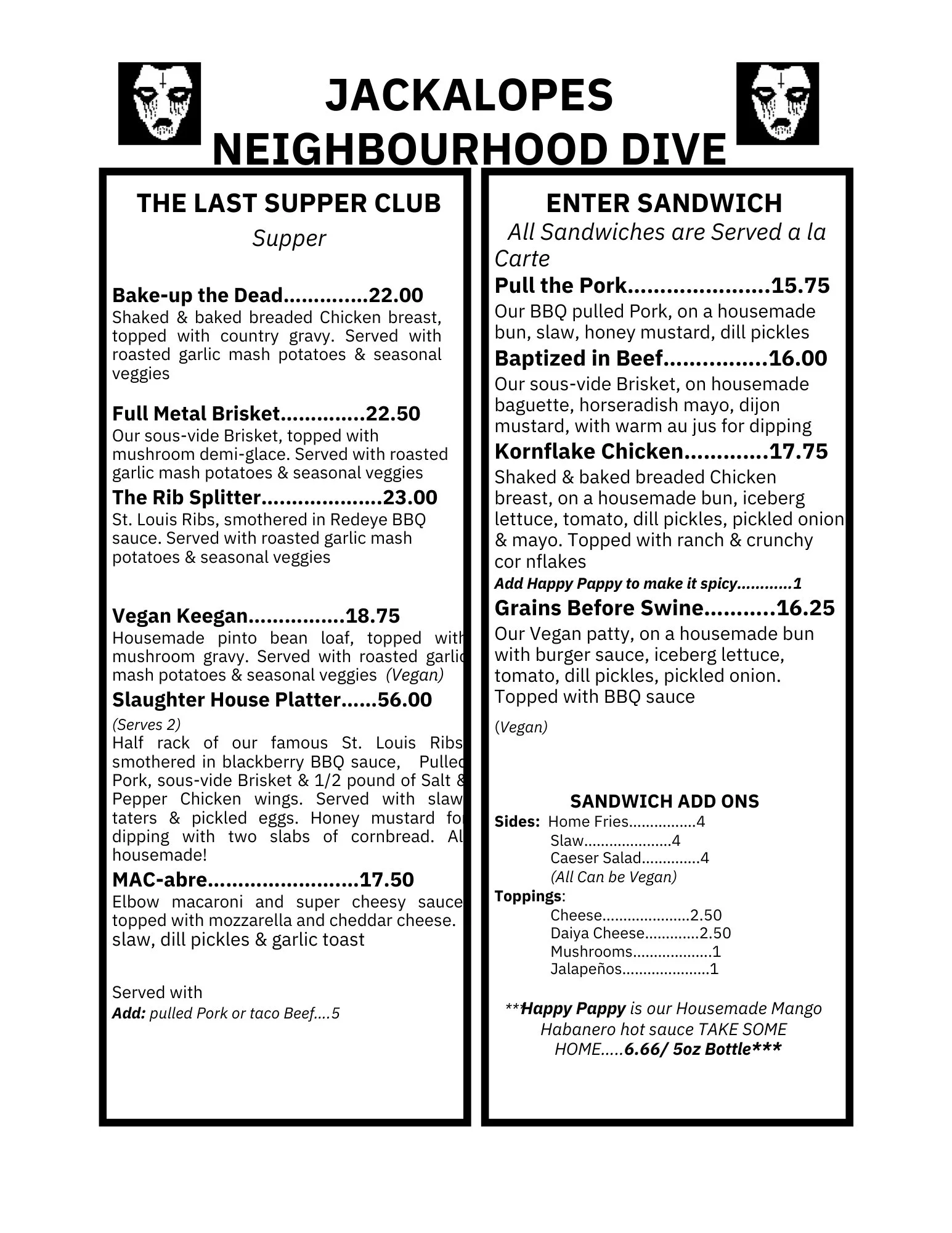 Menu — Jackalopes Neighbourhood Dive