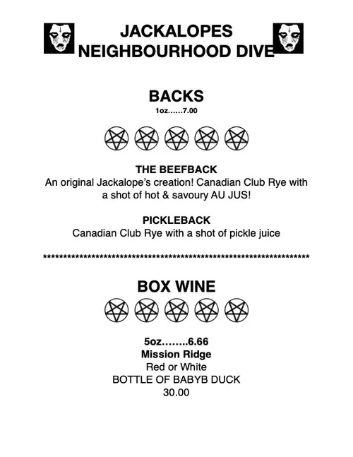 Menu — Jackalopes Neighbourhood Dive