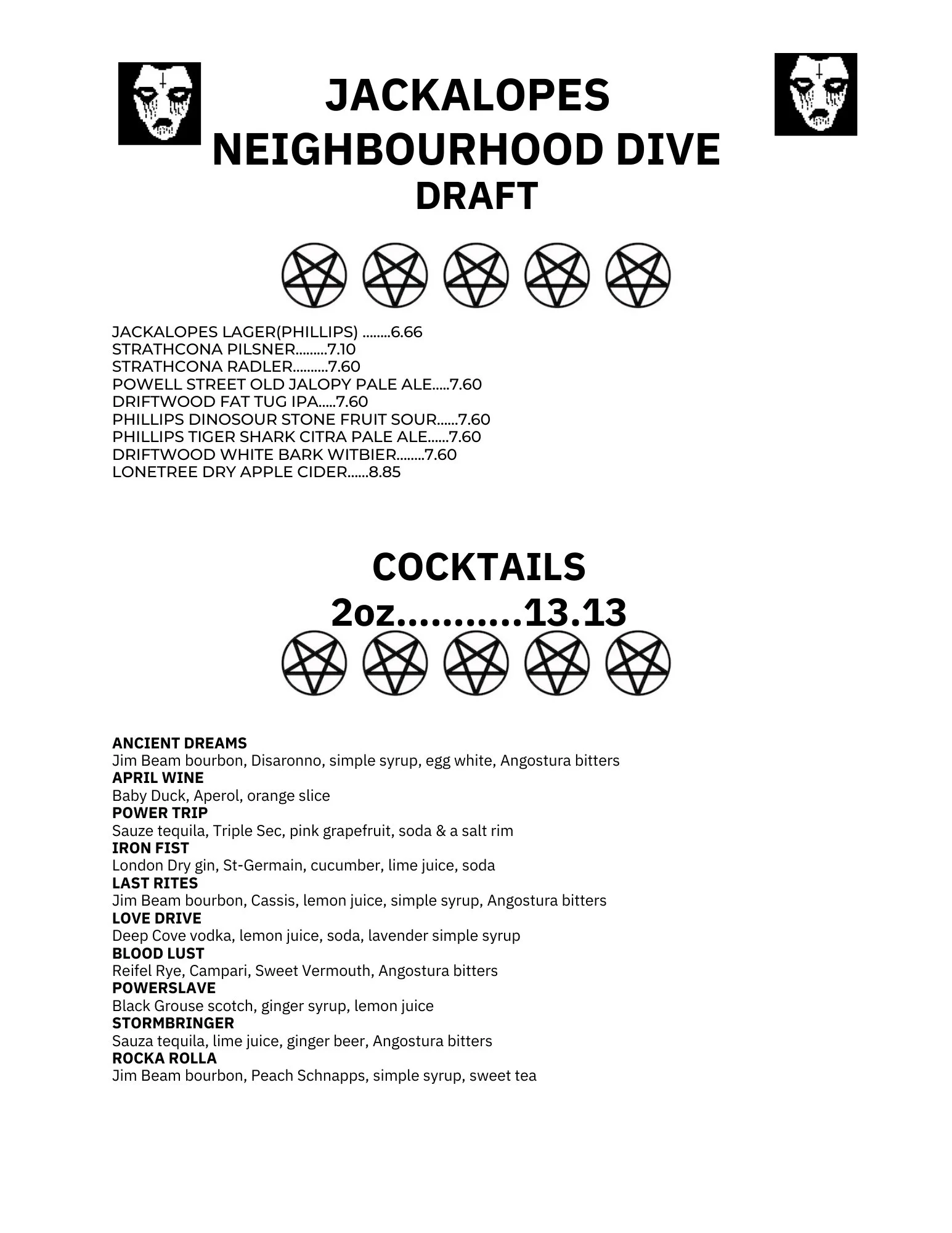 Menu — Jackalopes Neighbourhood Dive