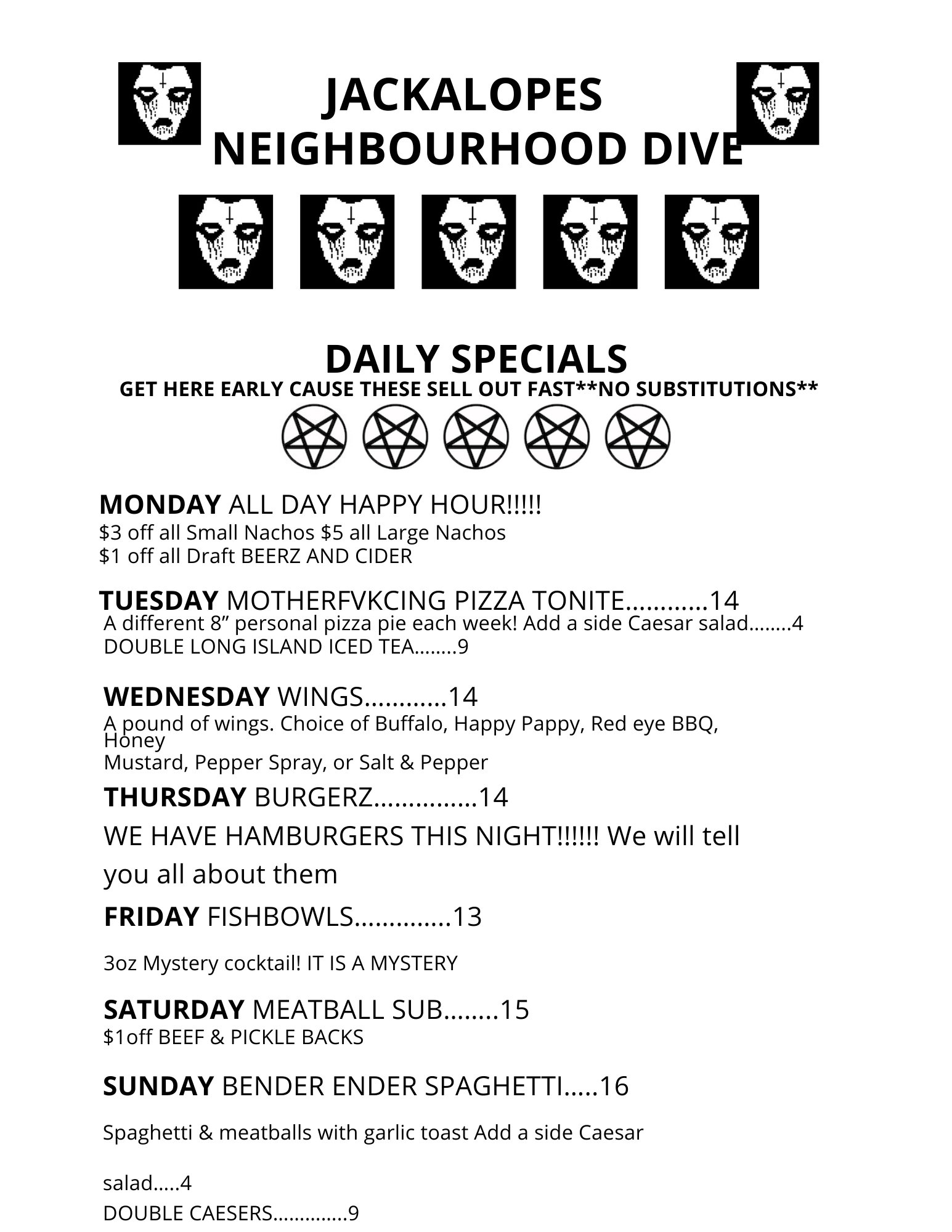 Menu — Jackalopes Neighbourhood Dive
