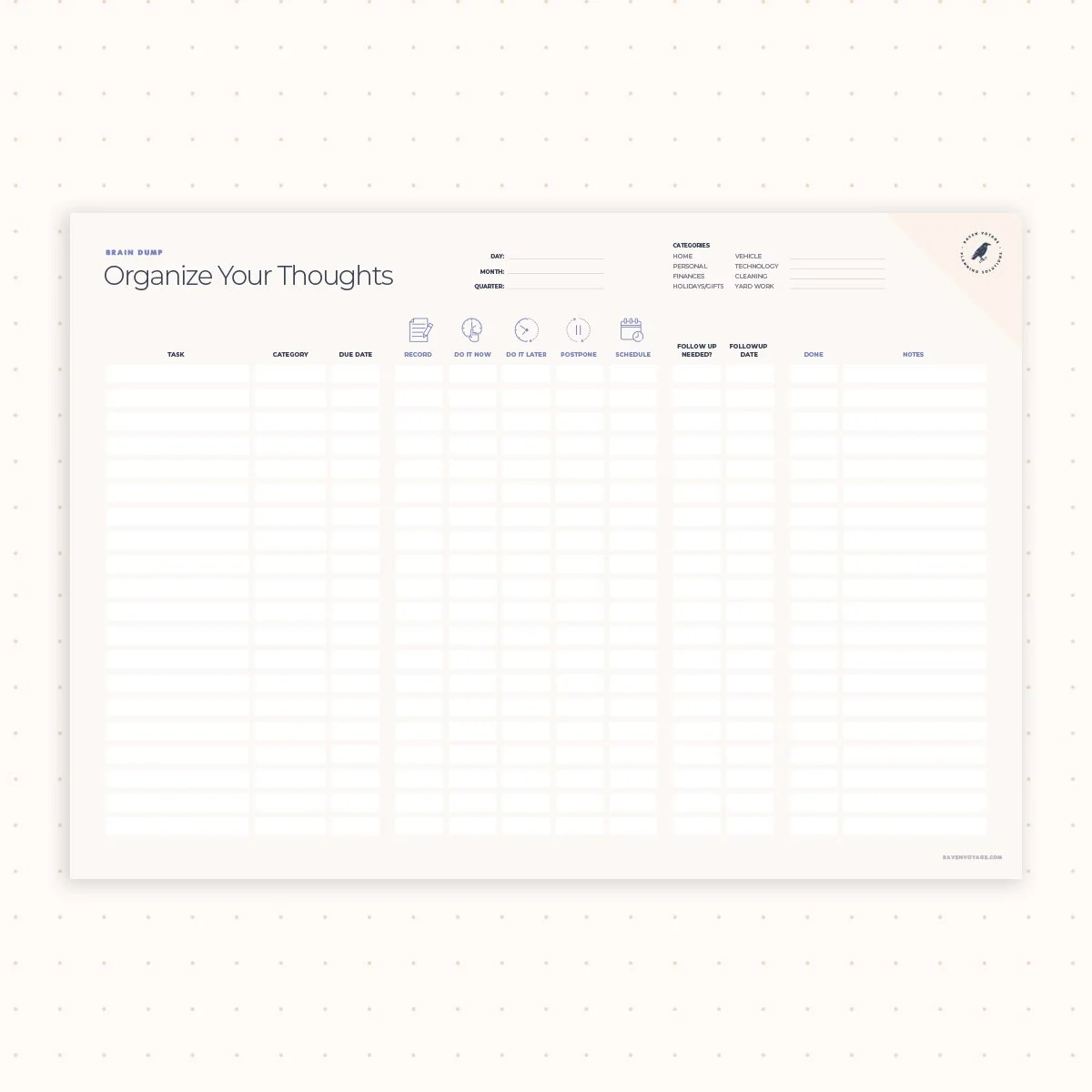 Brain Dump — Editable Task Management Tool — Raven Voyage