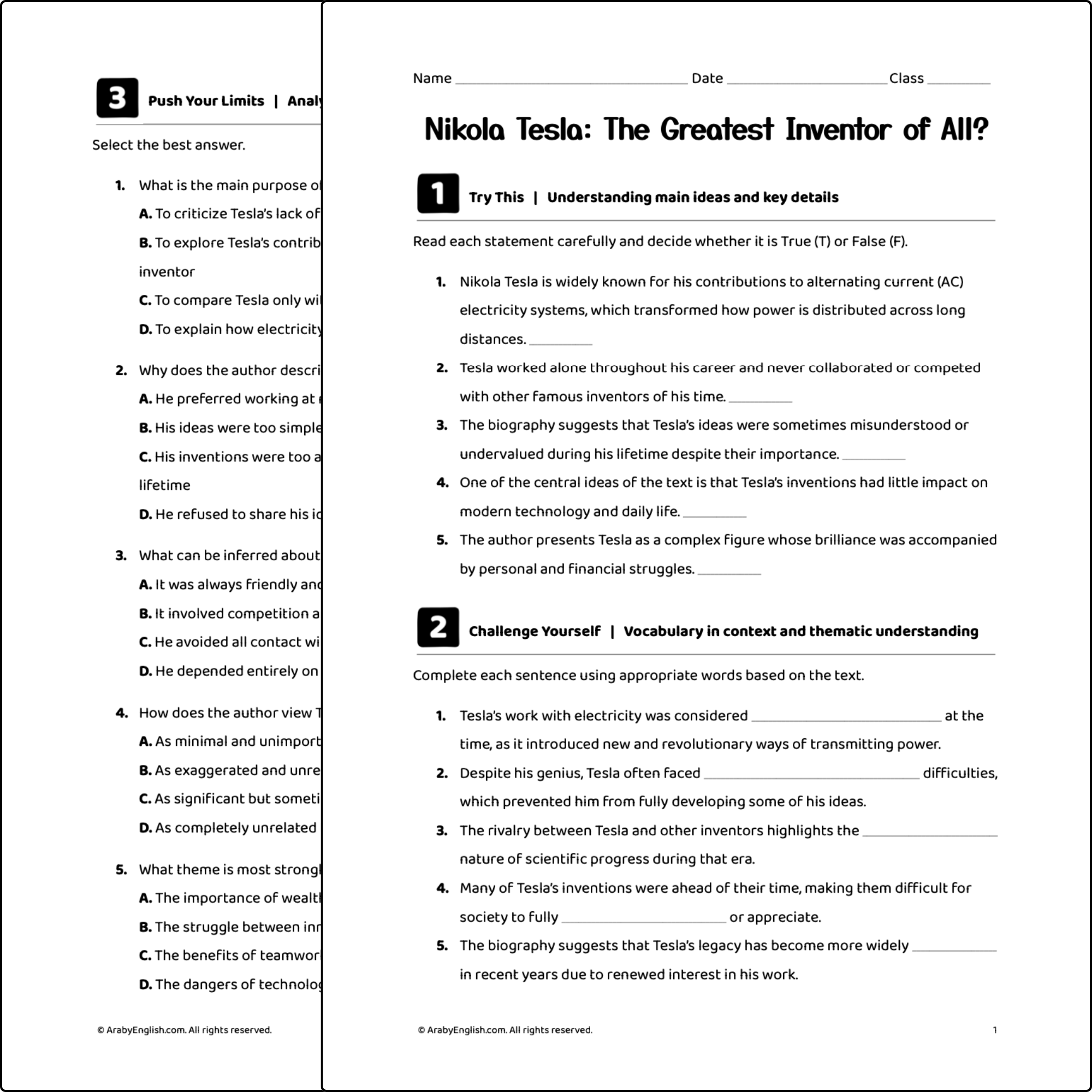 Nikola Tesla: The Greatest Inventor? | Reading Worksheet