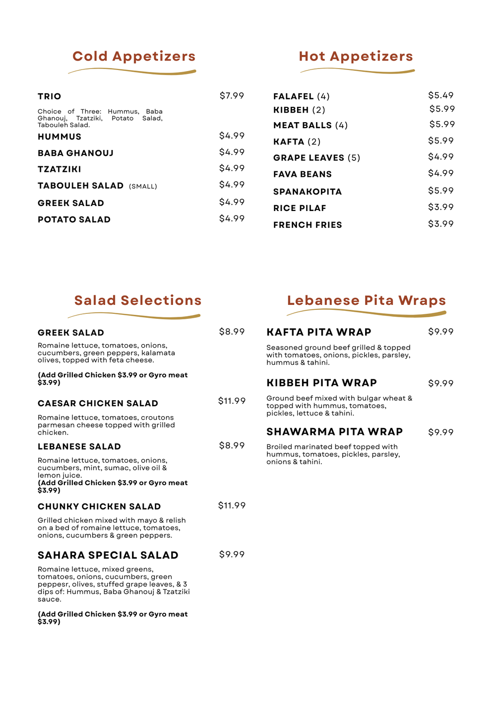 Menu — Sahara Cafe & Mediterranean Foods