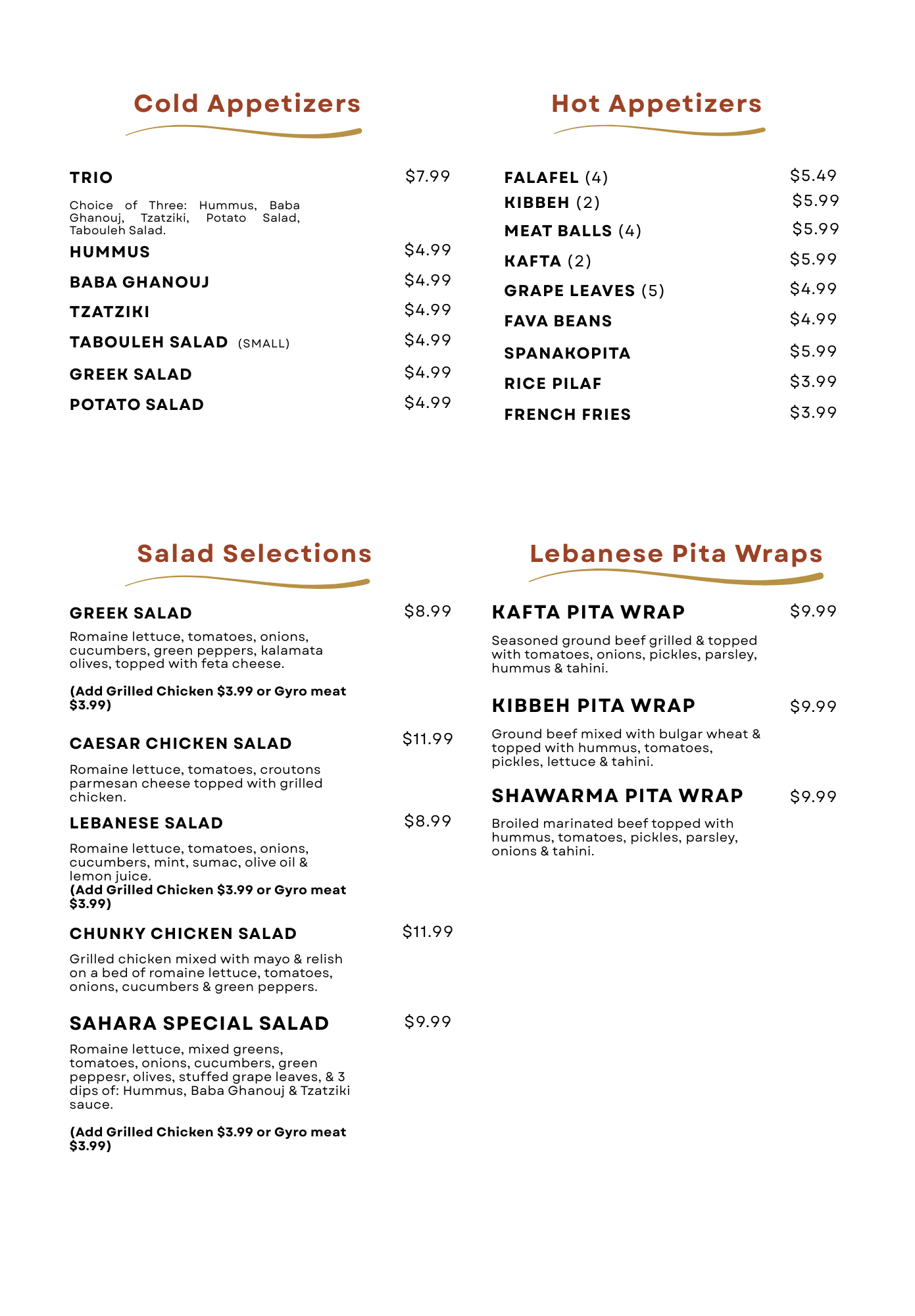 Menu — Sahara Cafe & Mediterranean Foods
