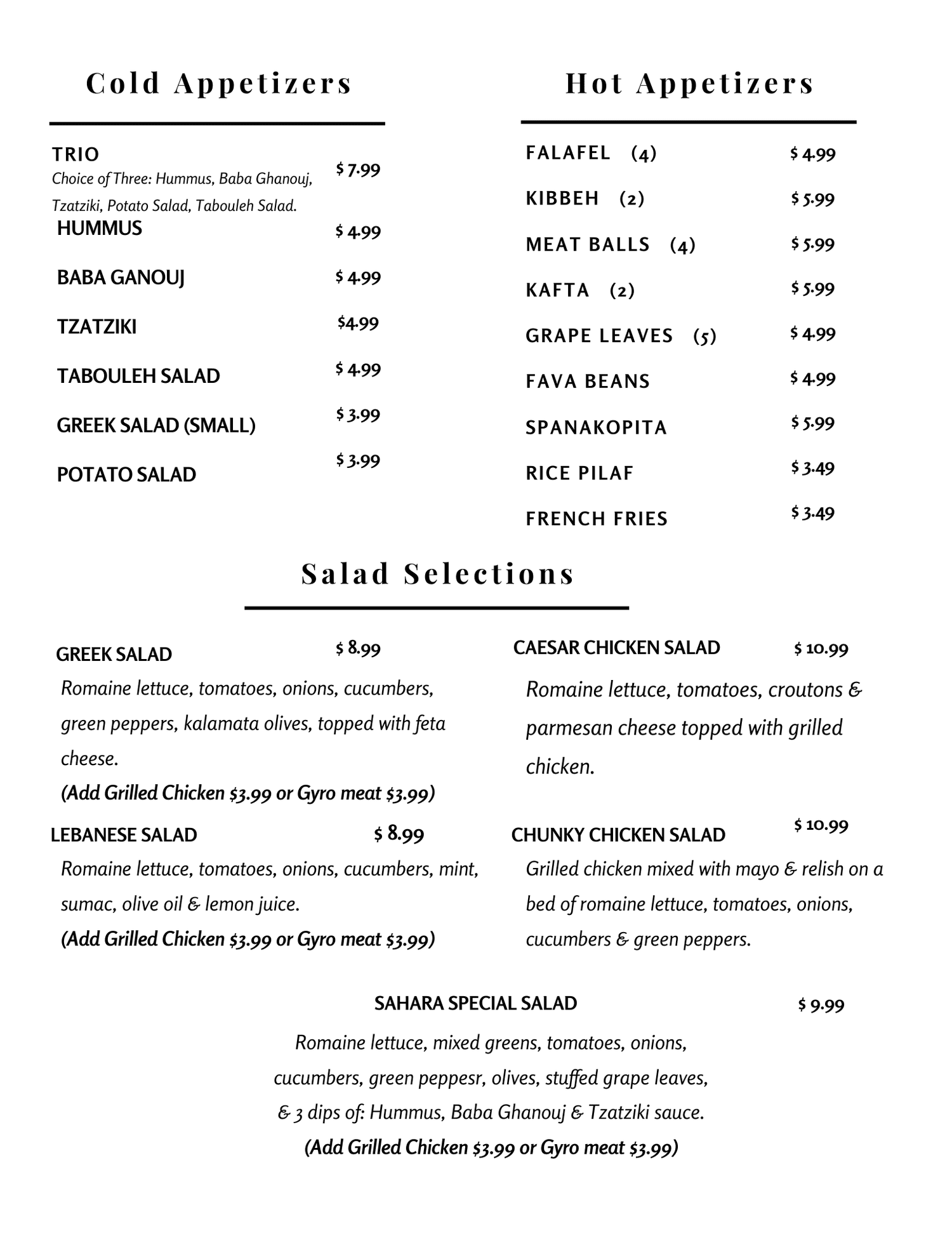 Menu — Sahara Cafe & Mediterranean Foods