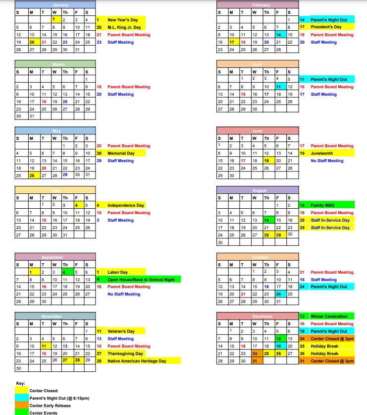 Calendar/Closures — Capitol Campus Child Care Center
