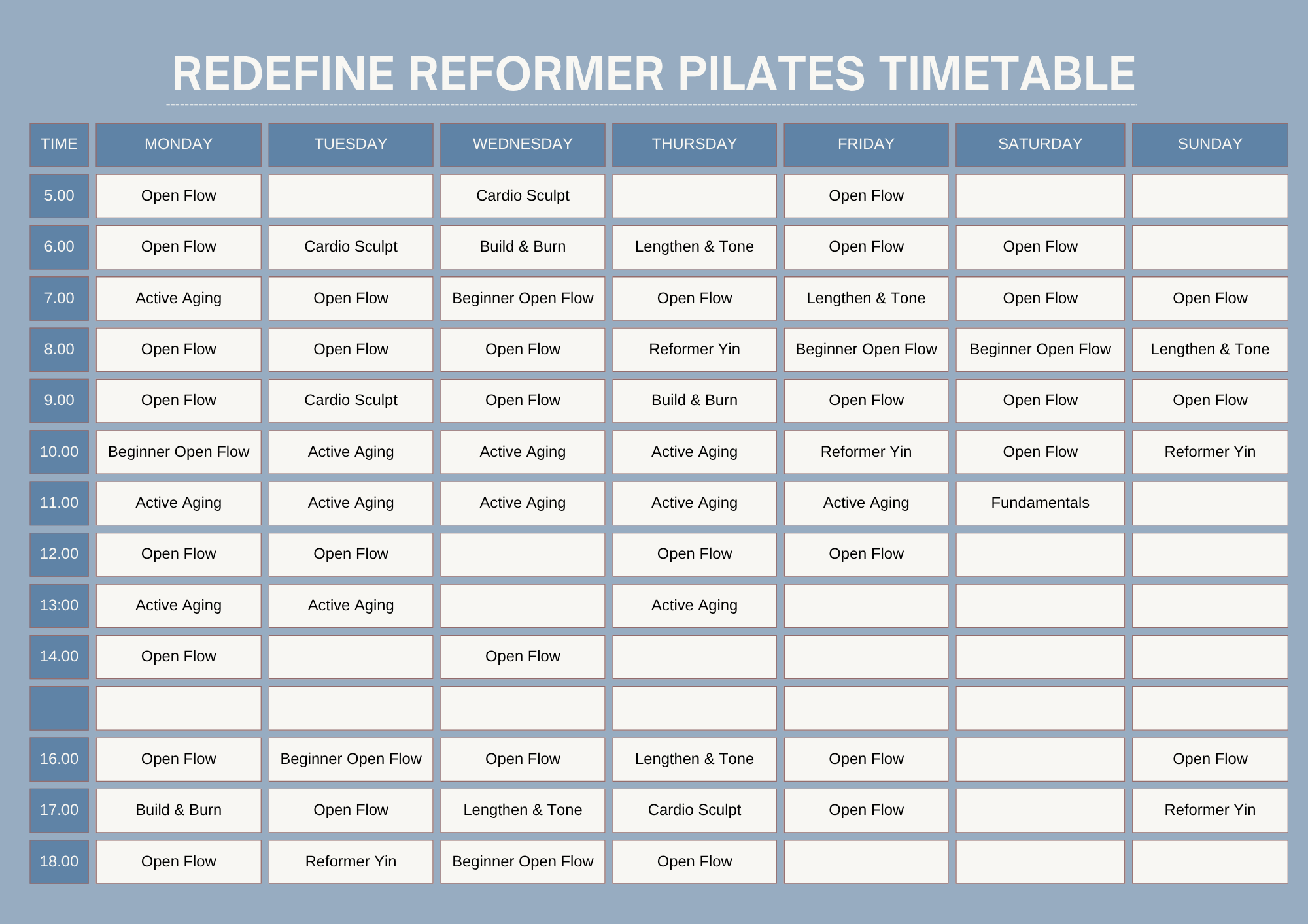 View Class Timetable | Redefine Reformer Pilates Buderim — Redefine ...