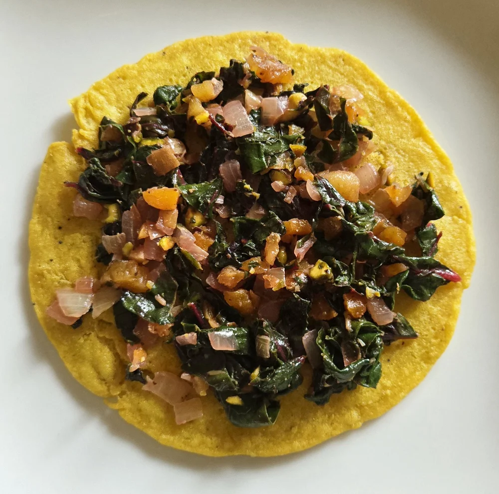 Socca with Swiss Chard, Pistachios & Apricots — Monica Cooks