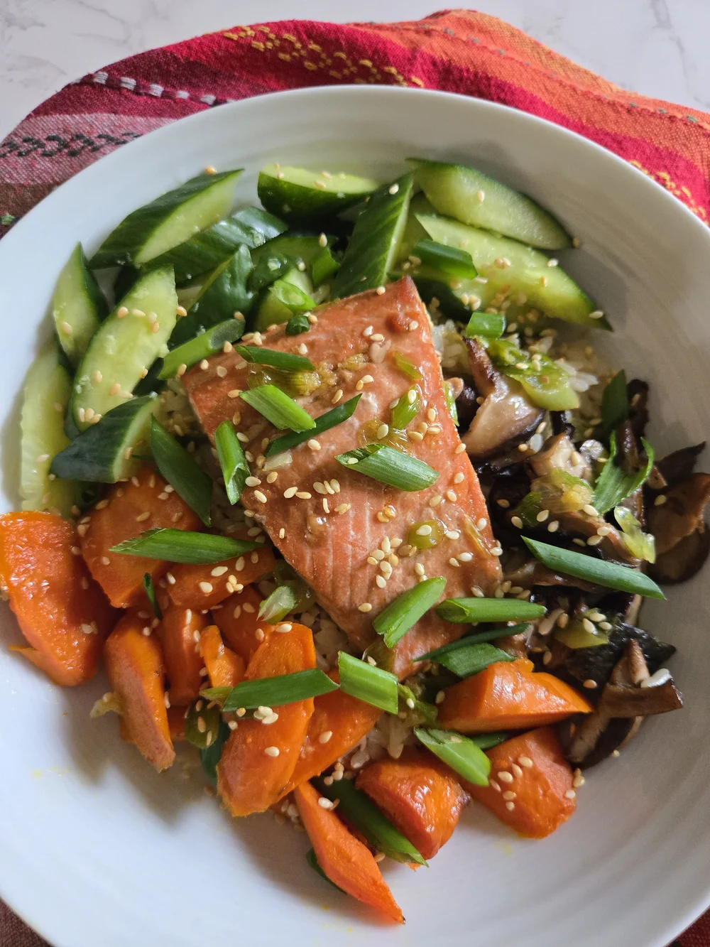 Brown Rice Bowl with Vegetables and Salmon — Monica Cooks