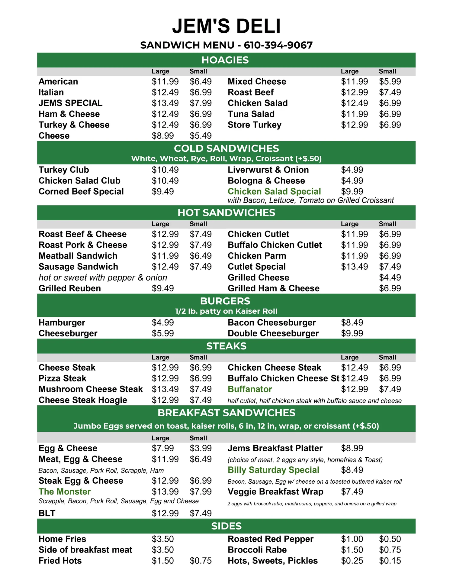 Deli Menu — JEM'S DELI