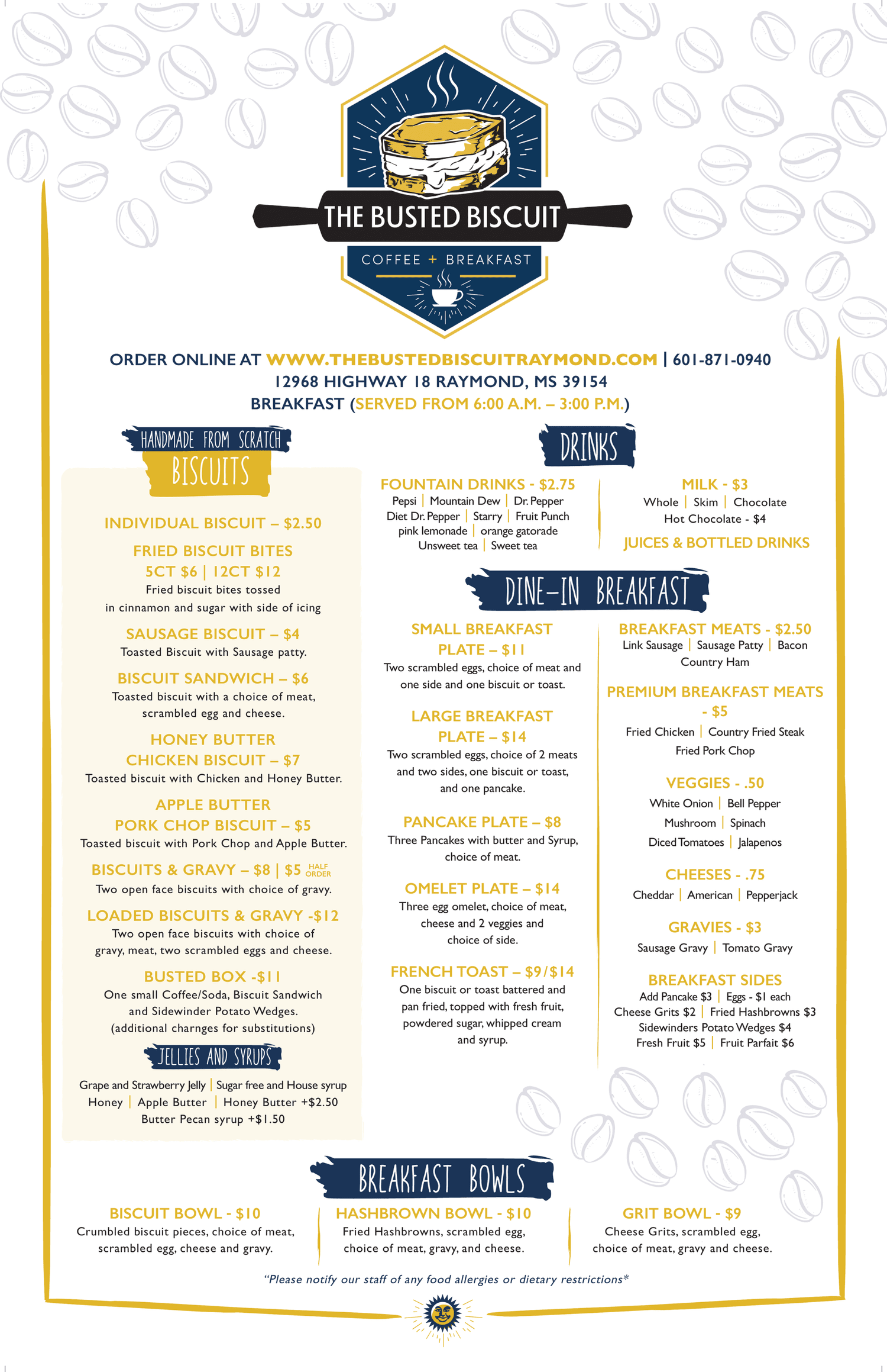 Breakfast Served 6AM-3PM Daily | The Busted Biscuit Breakfast Menu ...