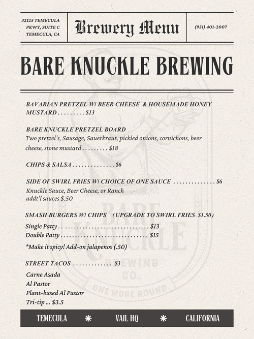 Food Menu — Bare Knuckle Brewing Co.