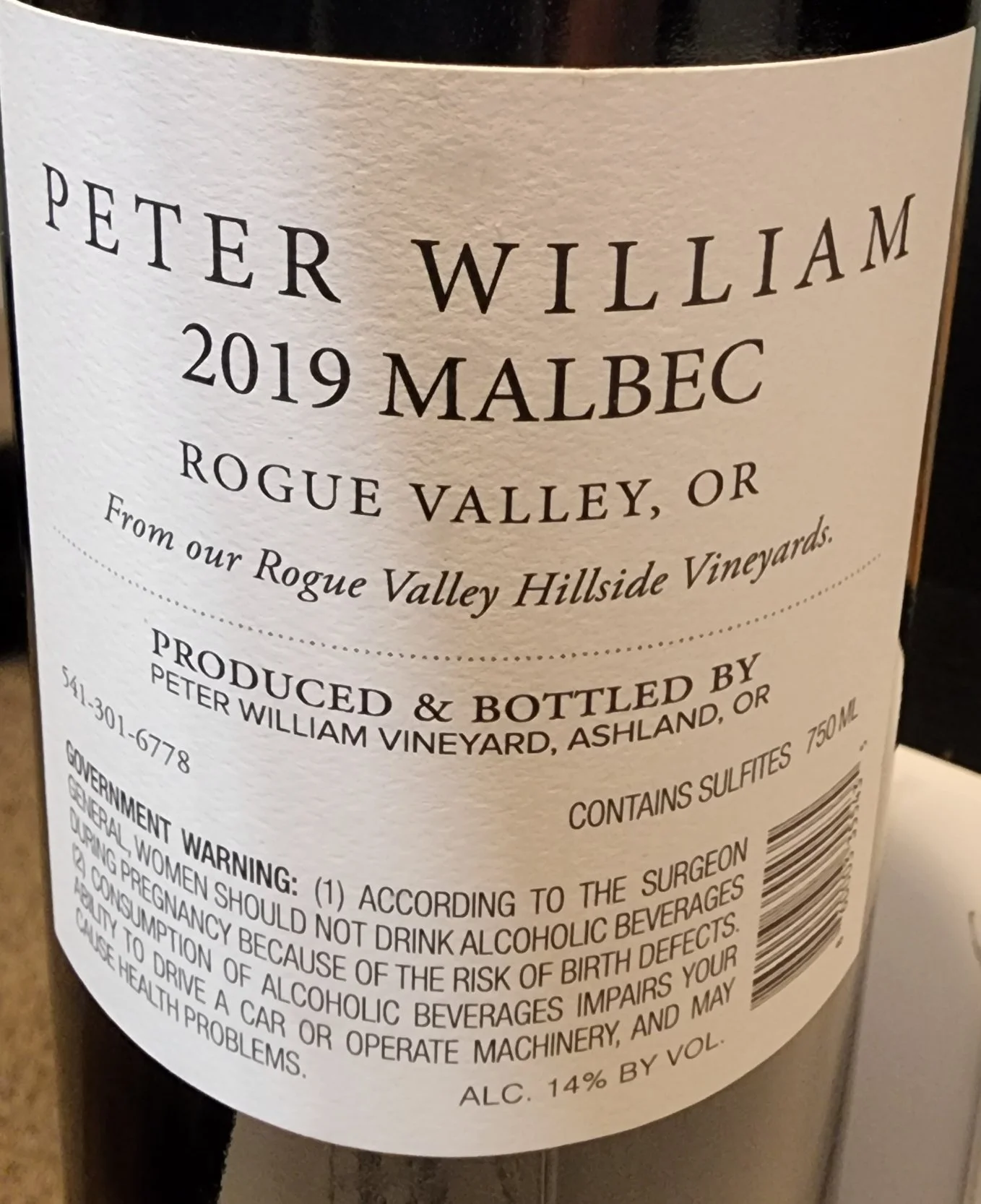 Malbec, Peter William Vineyard 2019 — Peter William Vineyard