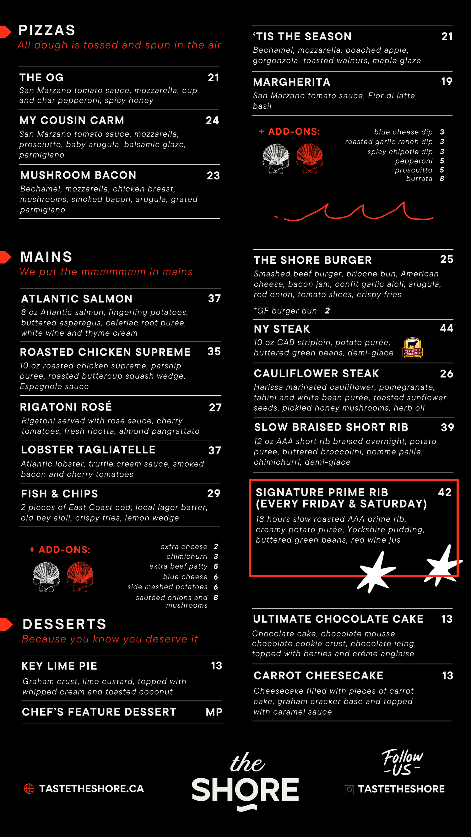 Main Menus — The Shore: Waterfront Restaurant in Jordan, Ontario