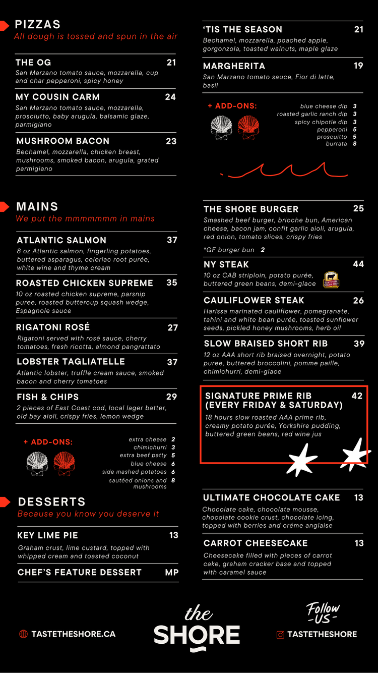Main Menus — The Shore: Waterfront Restaurant in Jordan, Ontario