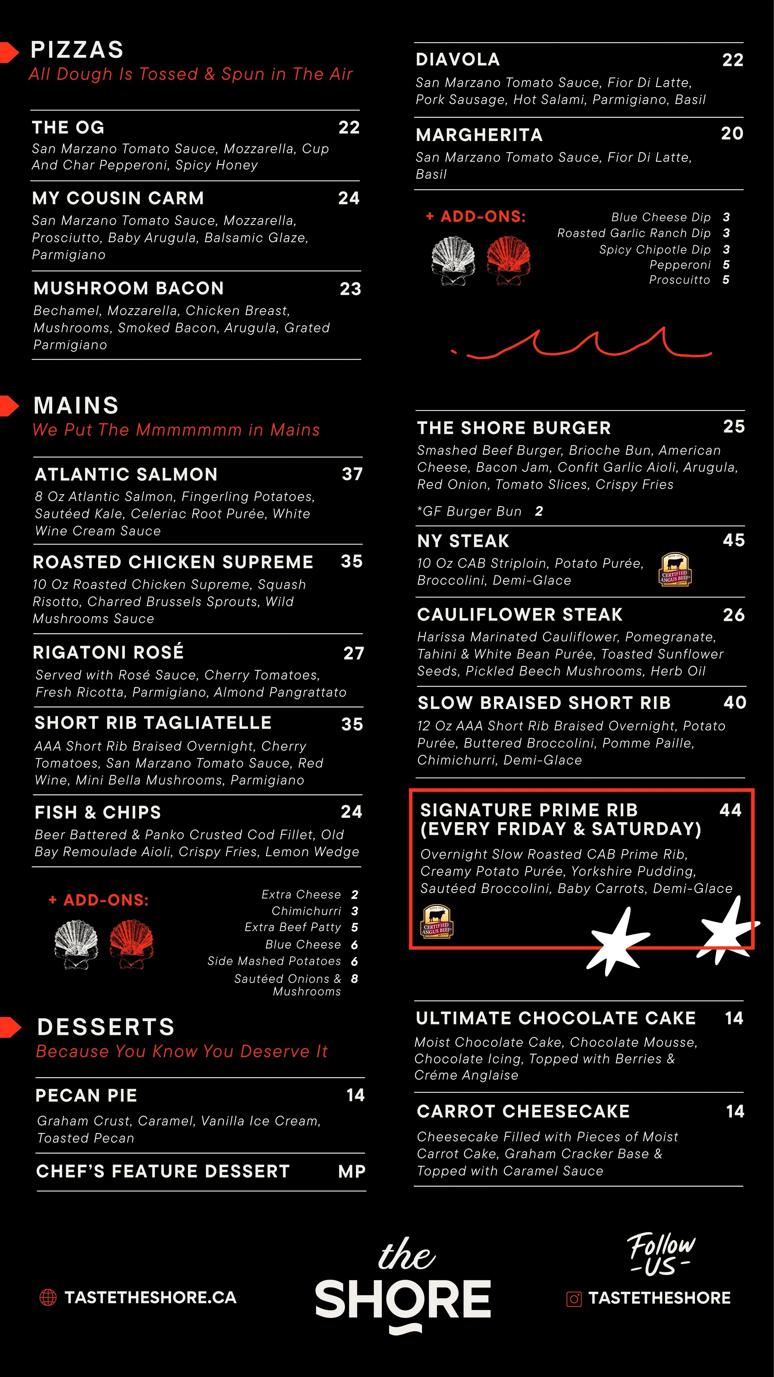 Main Menus — The Shore: Waterfront Restaurant in Jordan, Ontario