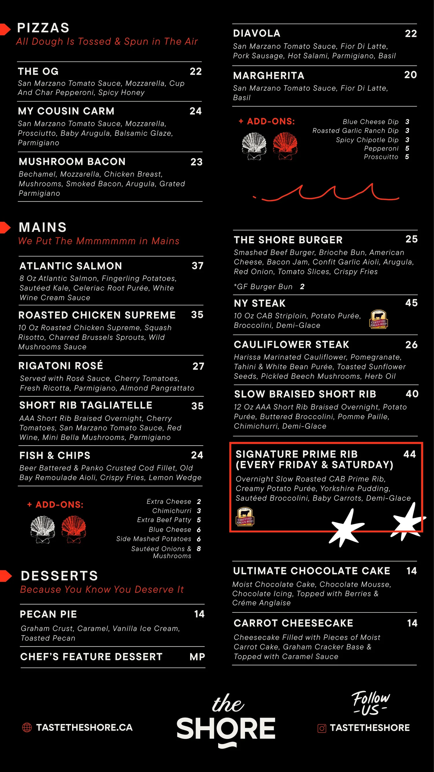 Main Menus — The Shore: Waterfront Restaurant in Jordan, Ontario