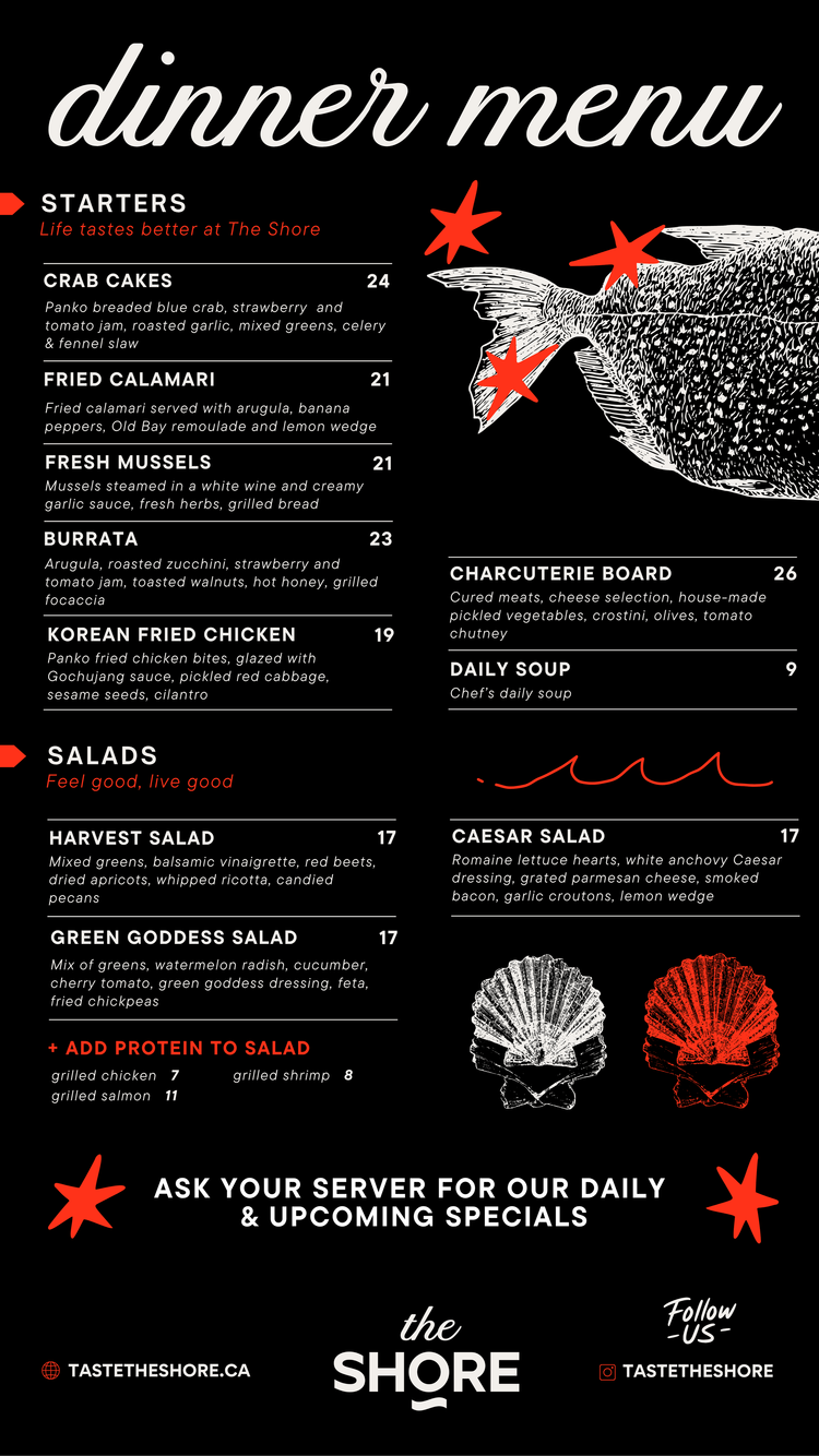 Main Menus — The Shore: Waterfront Restaurant in Jordan, Ontario