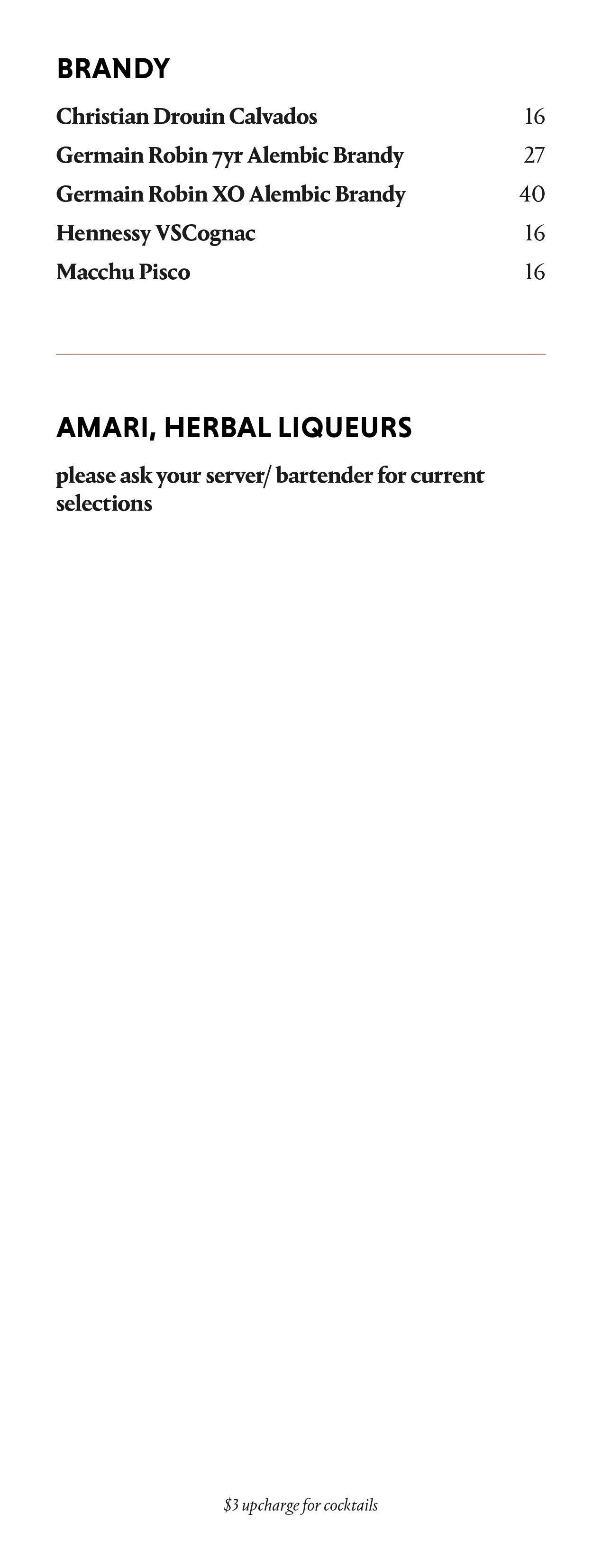 Broadway Spirit Menu — DEAR IRVING