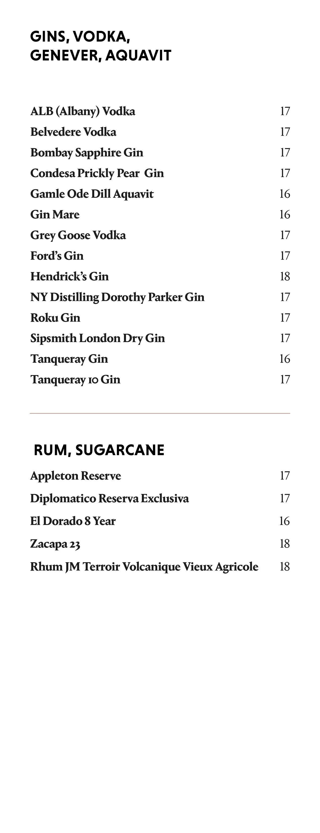 Broadway Spirit Menu — DEAR IRVING