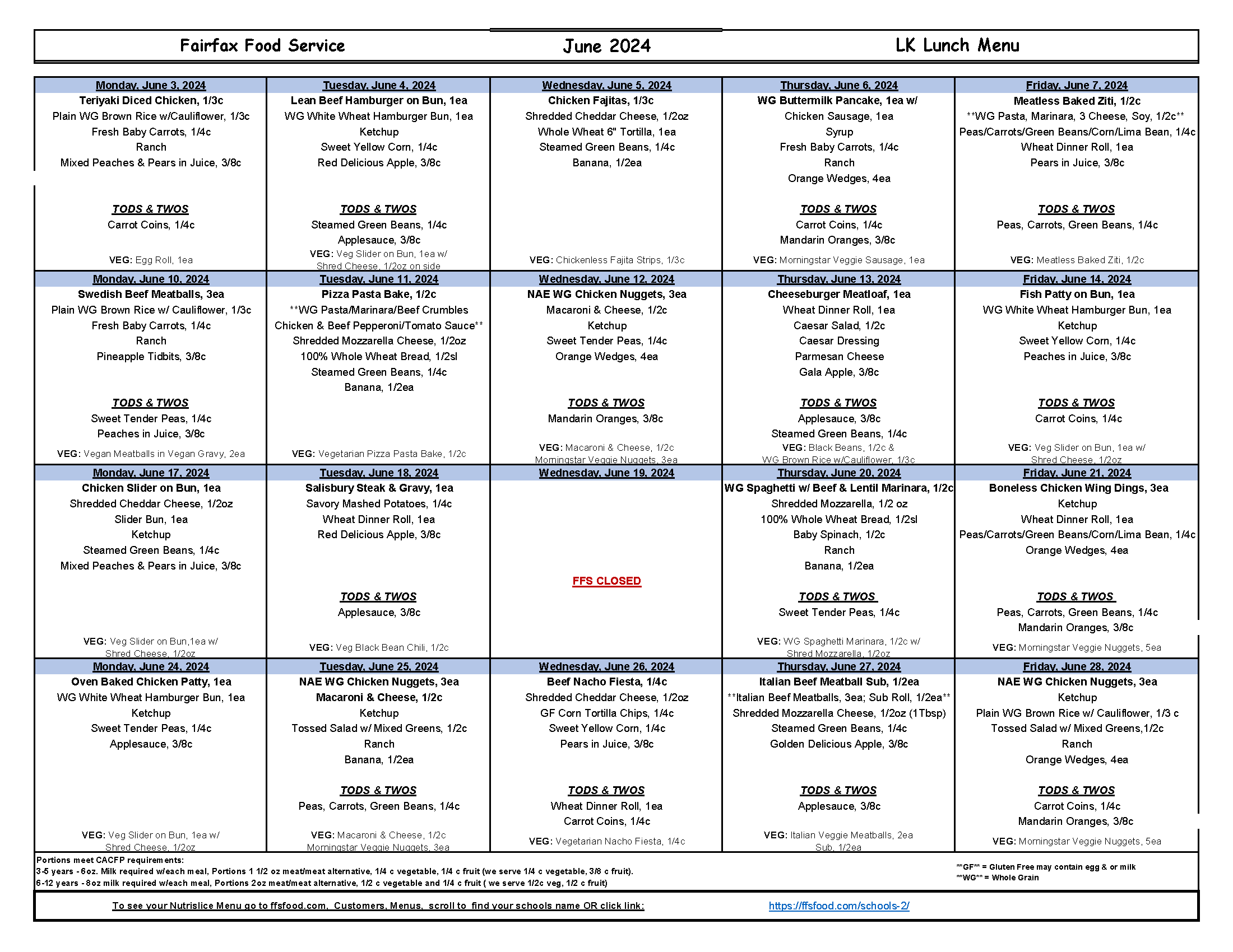 Monthly Menu — Spring Hill Academy
