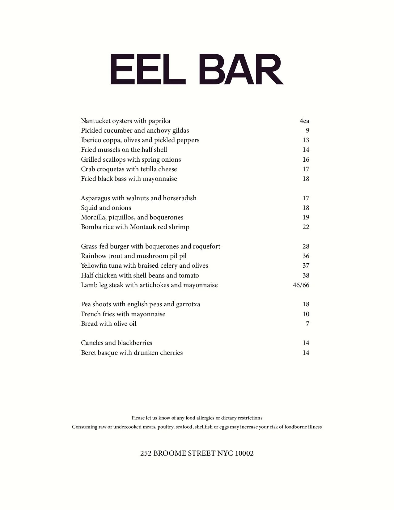 MENU — Eel Bar