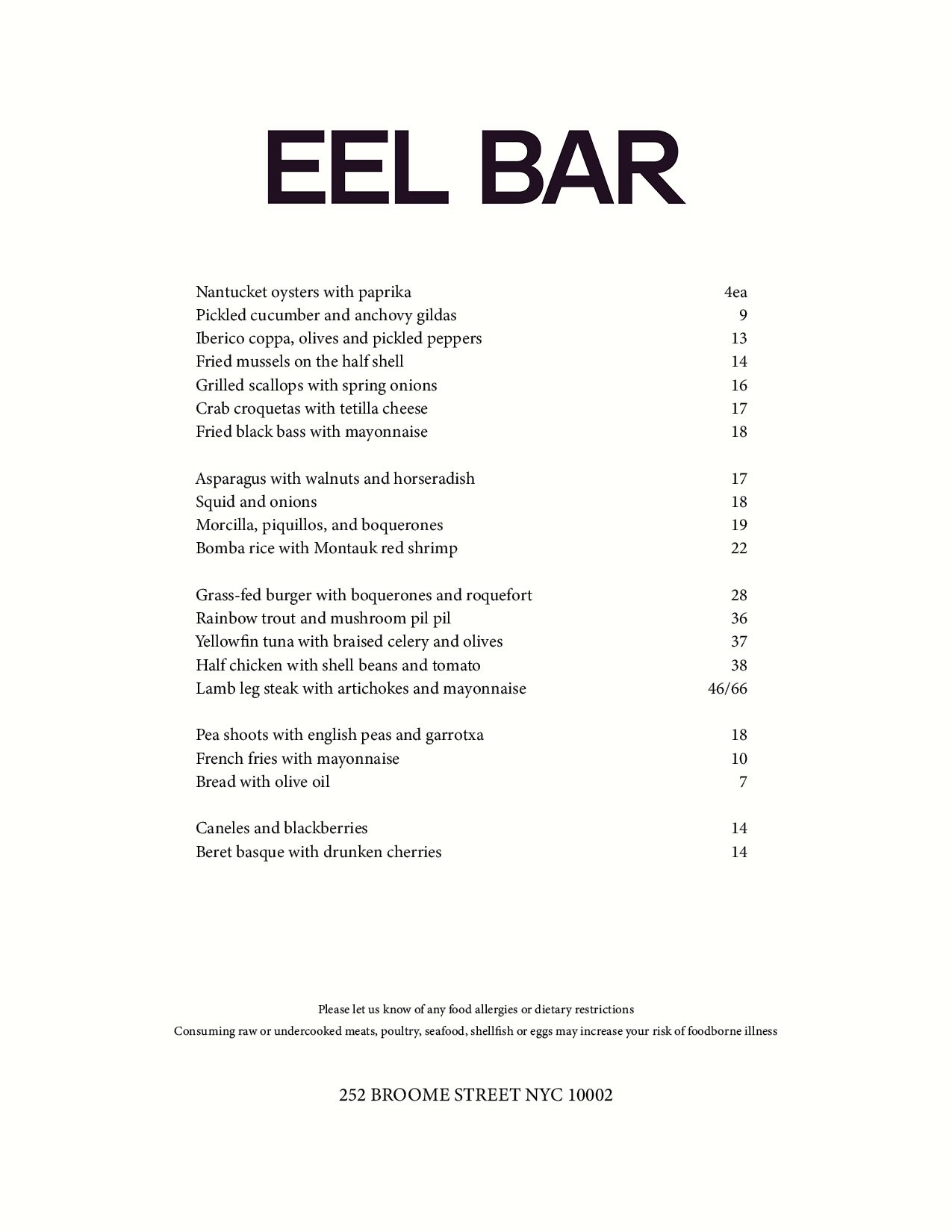 MENU — Eel Bar