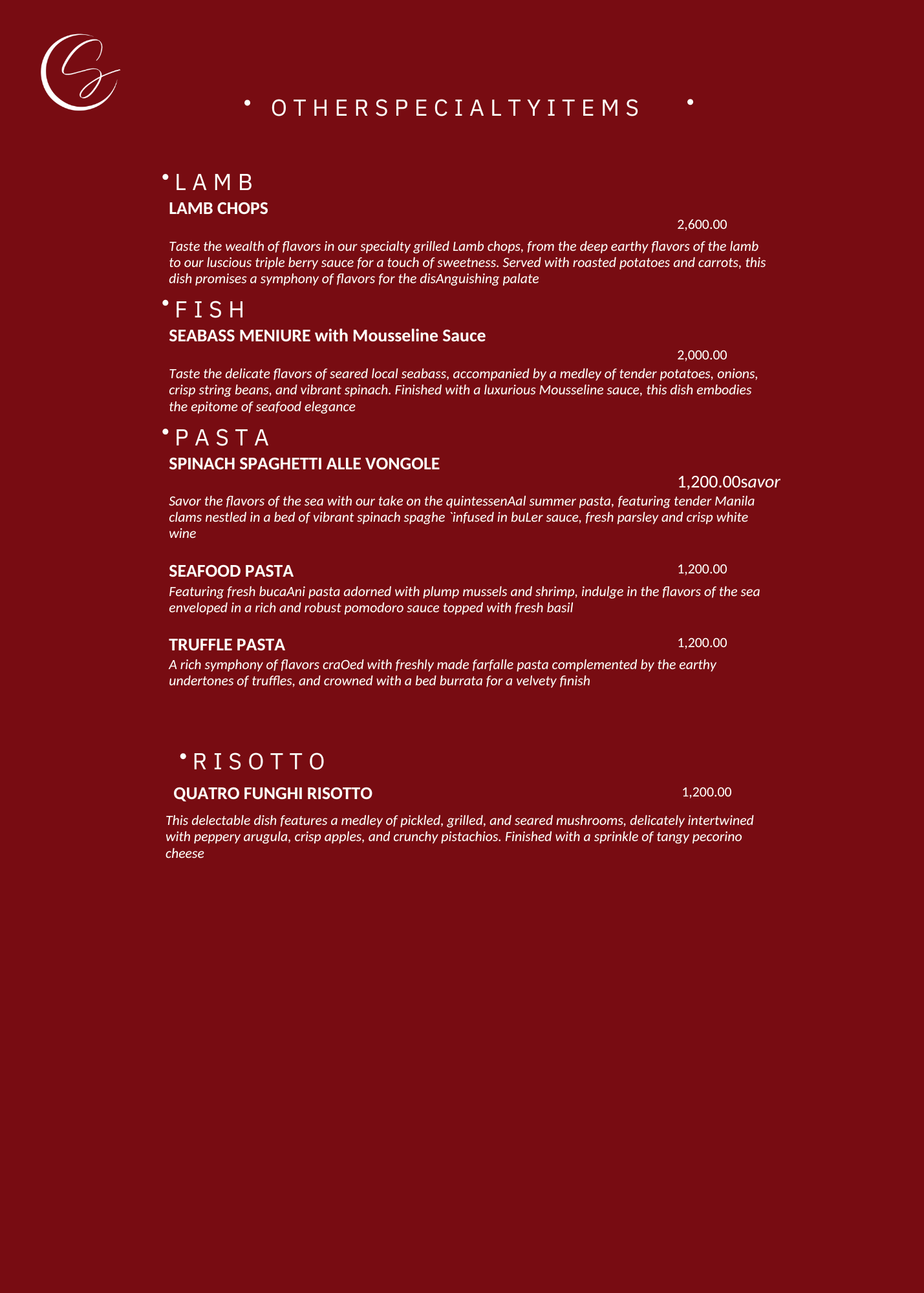 Menu — Carmelo's Steakhouse