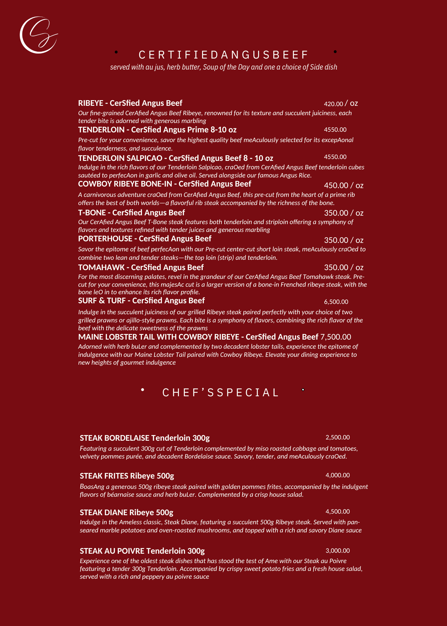 Menu — Carmelo's Steakhouse
