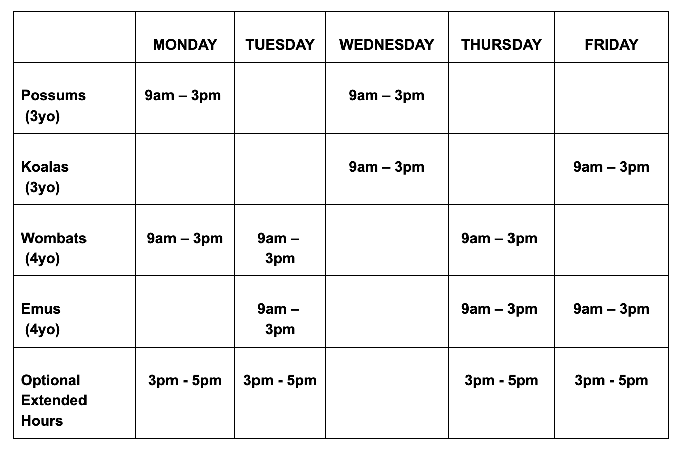 Timetable and Fees — Robert Cochrane Kindergarten Inc.