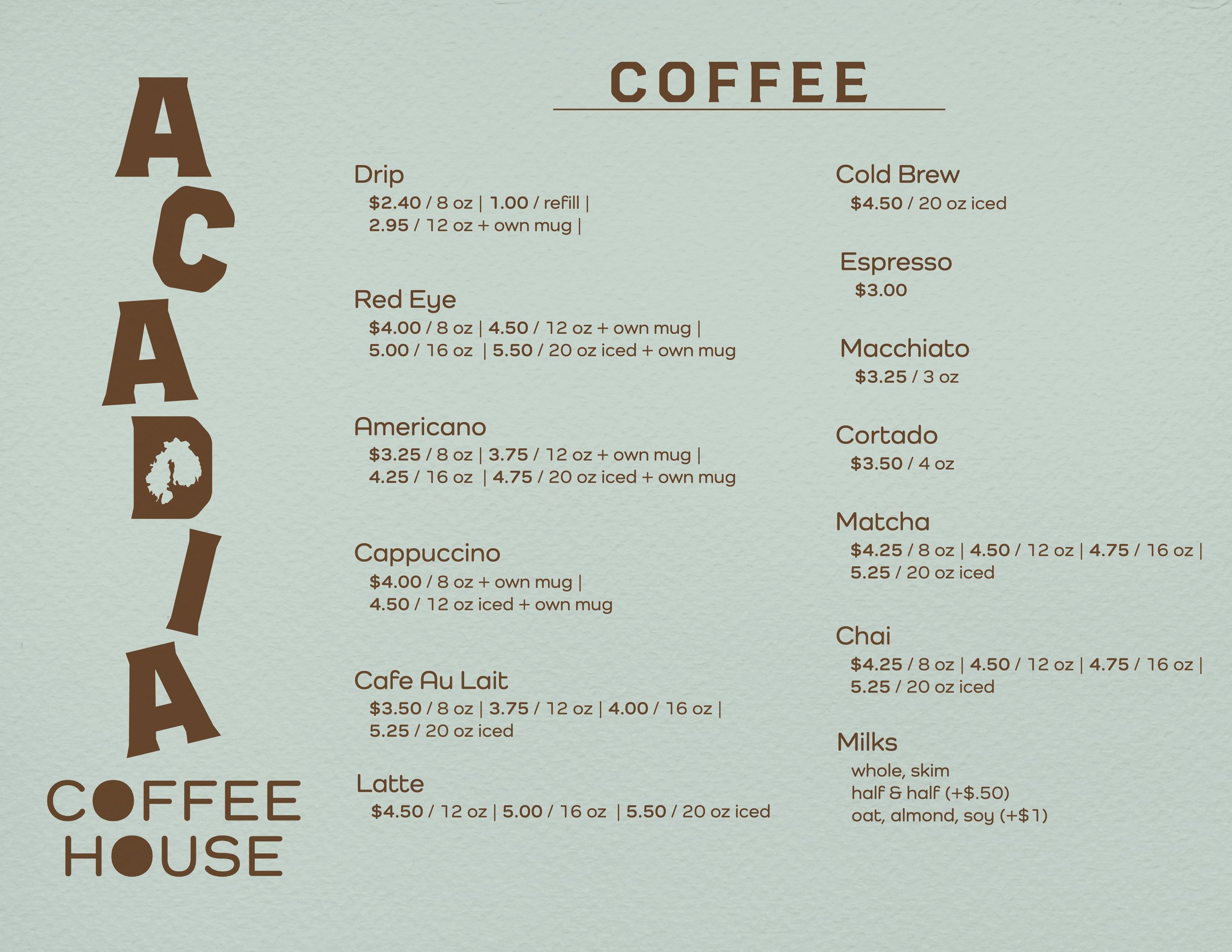 Our Menu — Acadia Coffee House