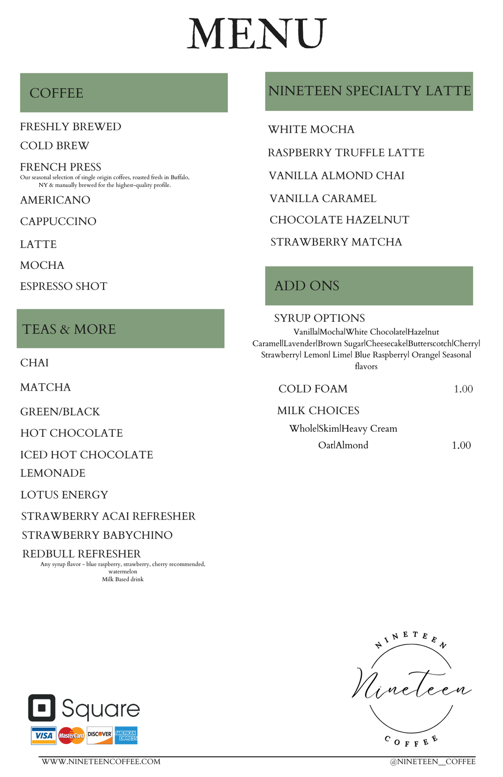 Pick Up Menu/Hours — Nineteen Coffee