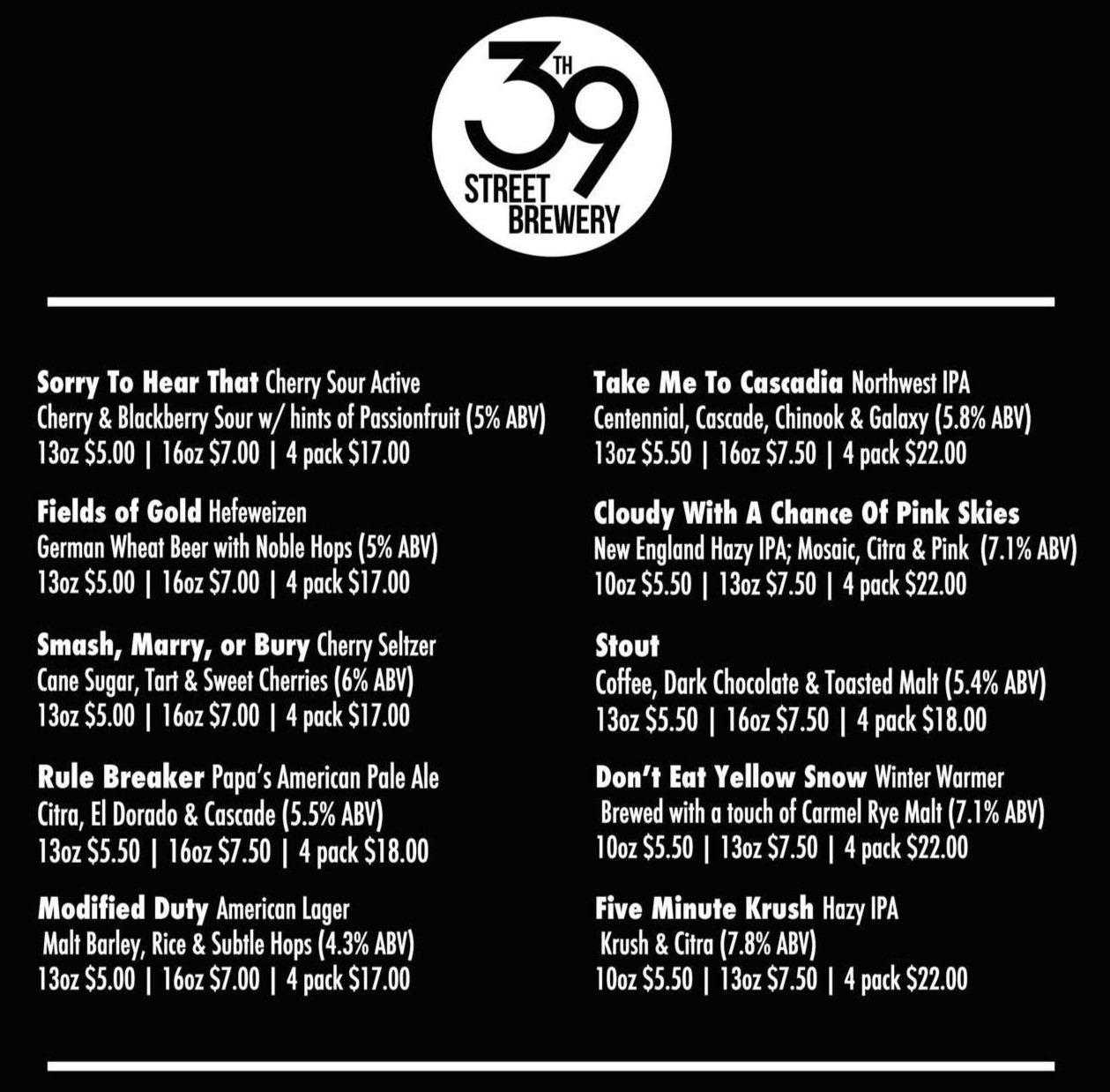 On Tap Menu — Welcome to 39th Street Brewery