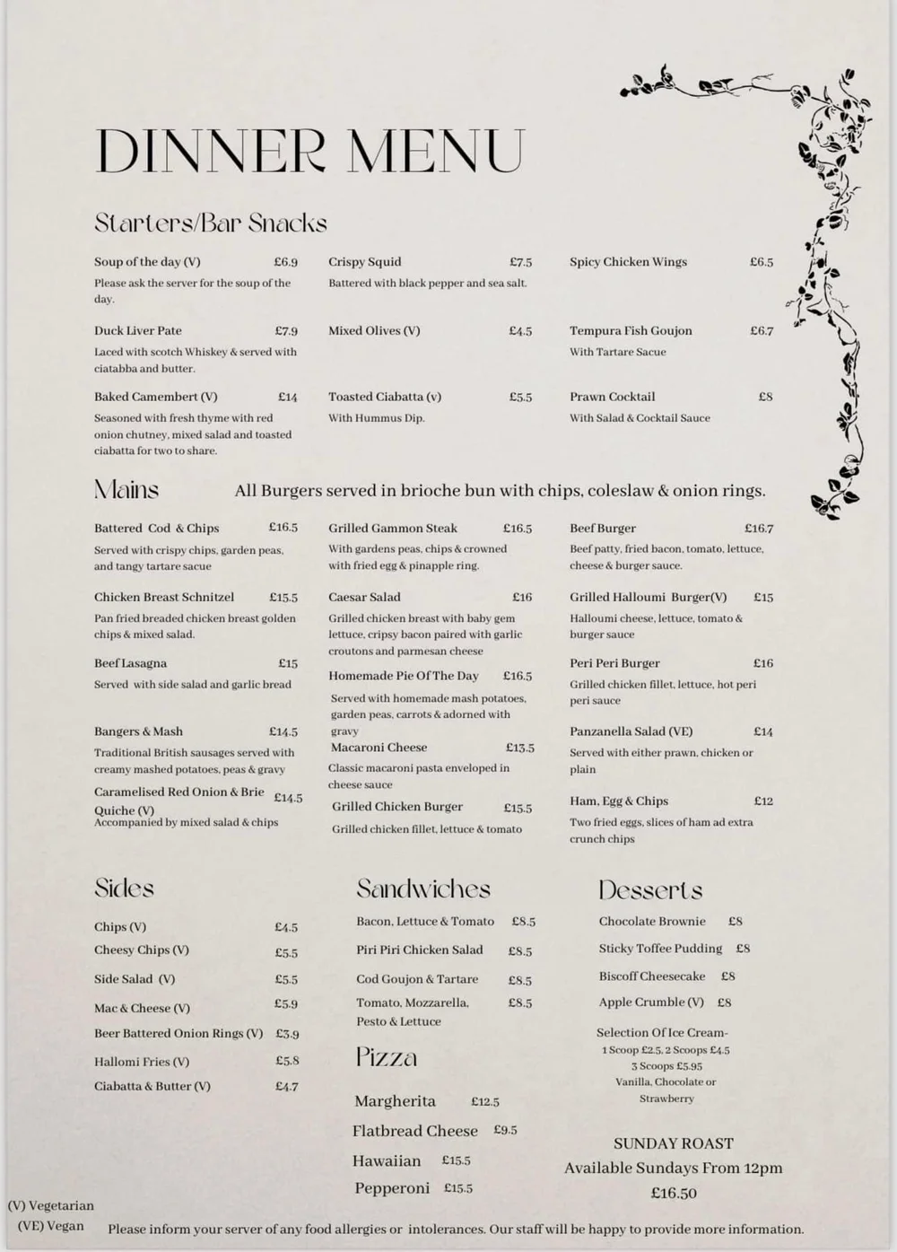Menu — The Nutley Arms
