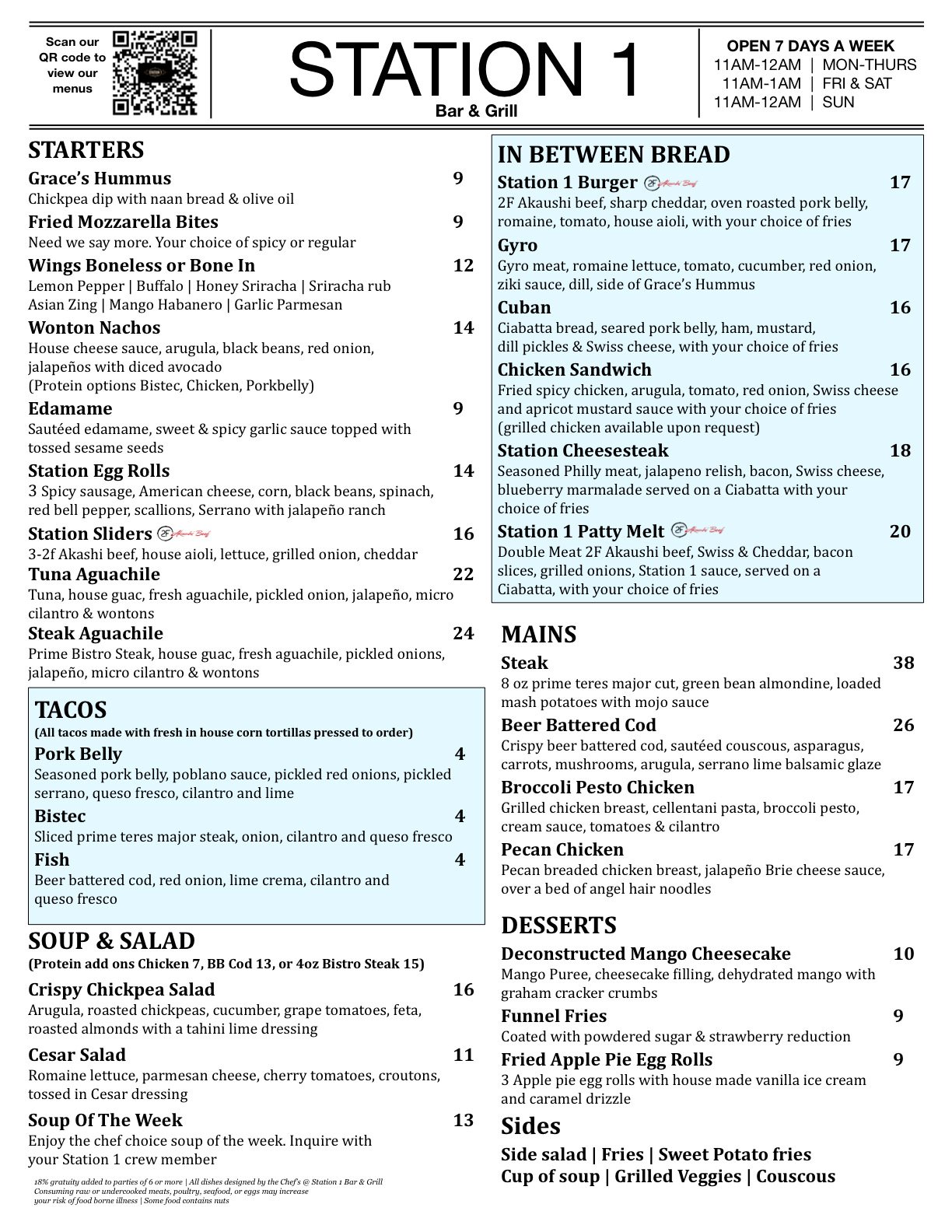 Menu — Station 1 Bar & Grill