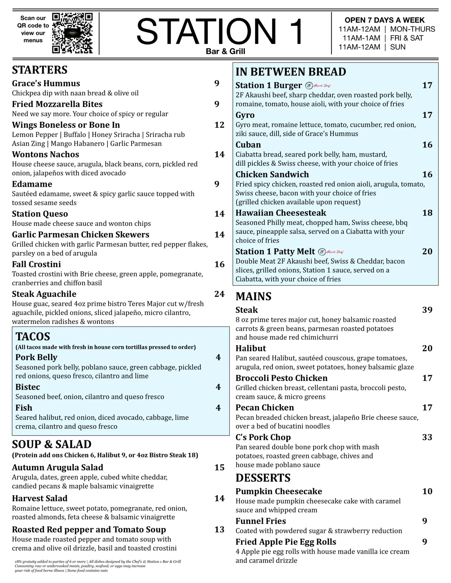 Menu — Station 1 Bar & Grill