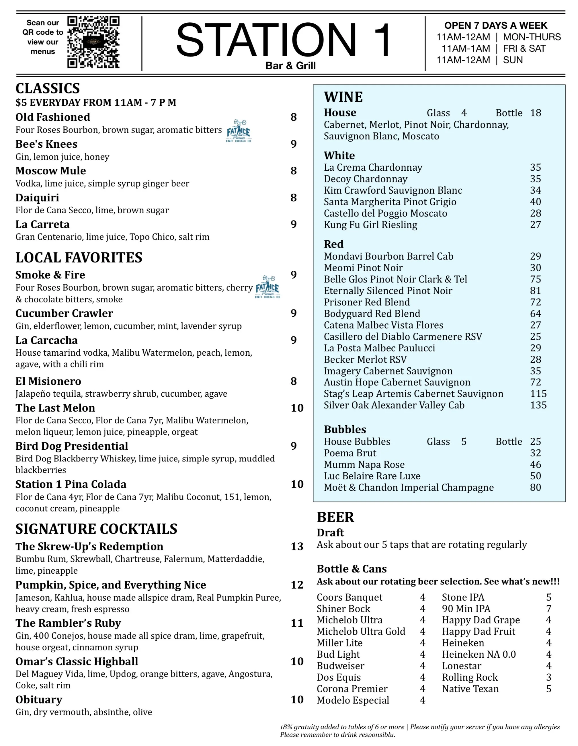 Menu — Station 1 Bar & Grill