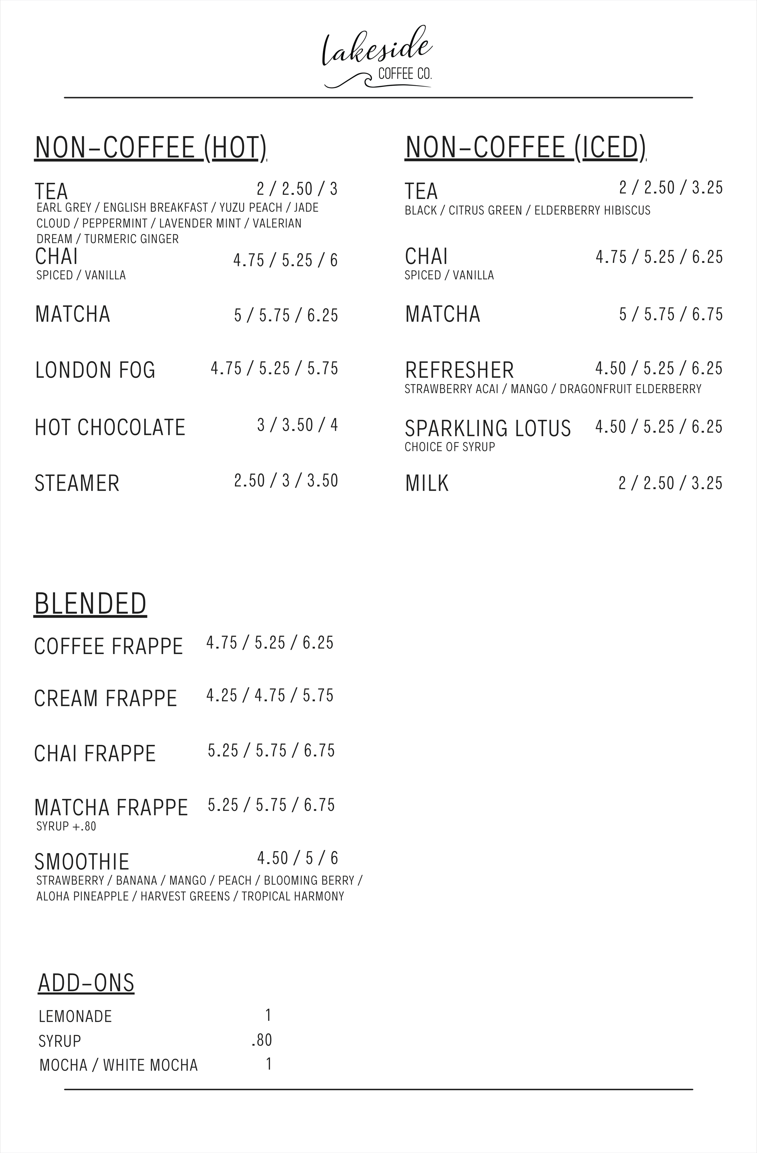 MENU — Lakeside Coffee Co.