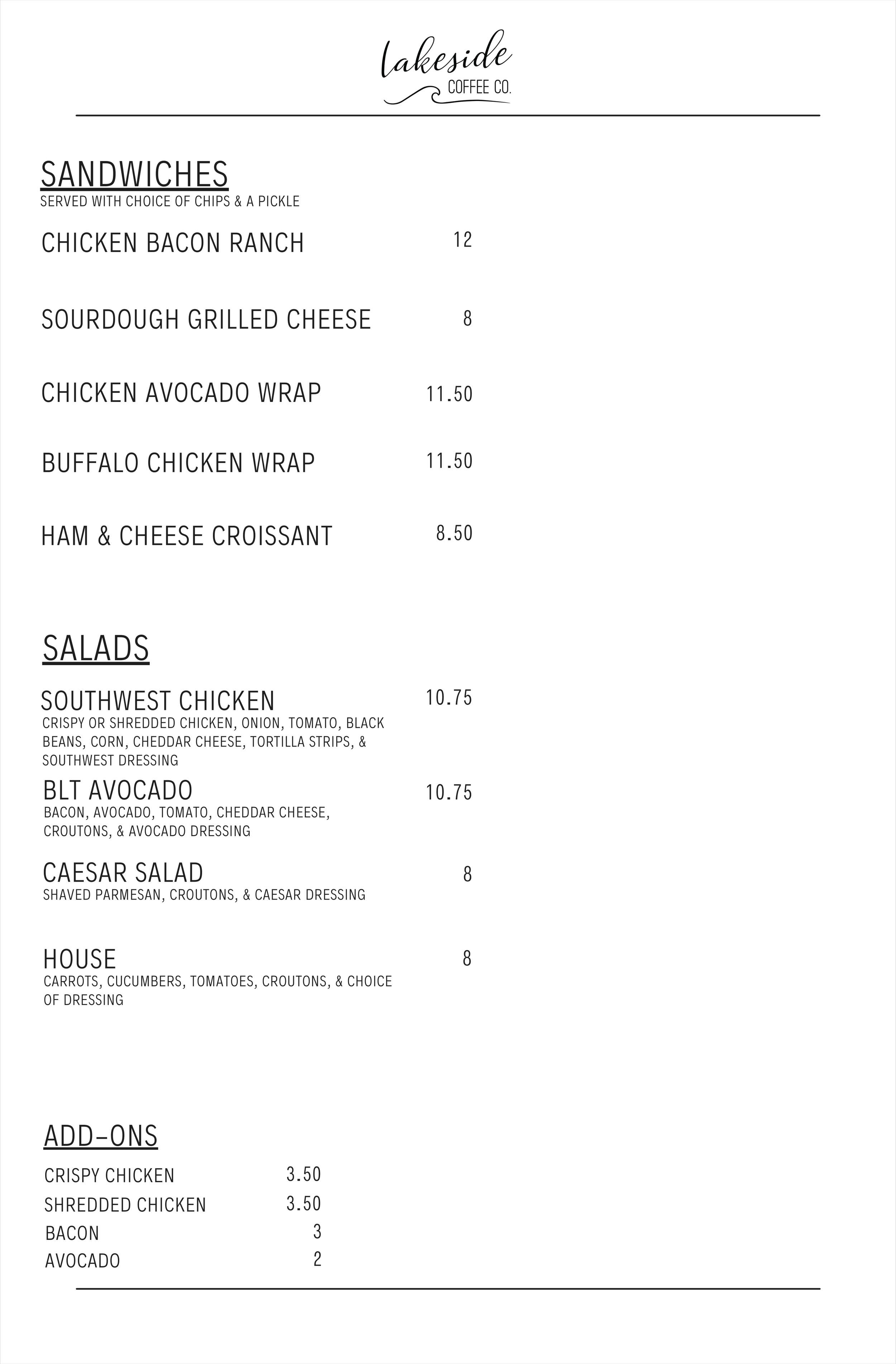 MENU — Lakeside Coffee Co.