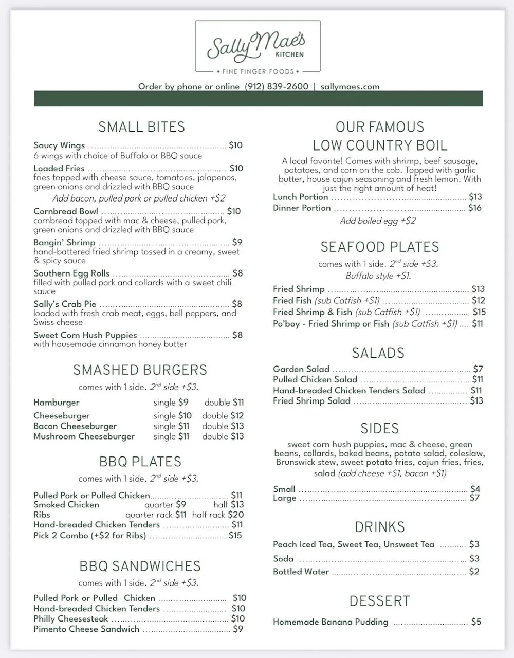 Menu — Sally Mae's Kitchen