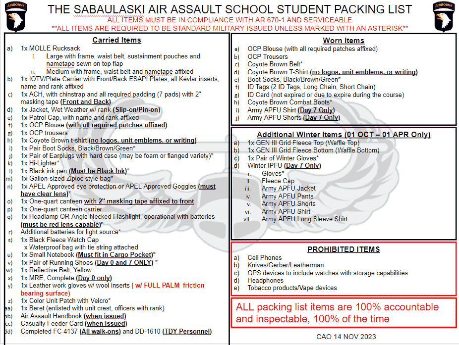 Army Air Assault Packing List — Juan Above The Rest